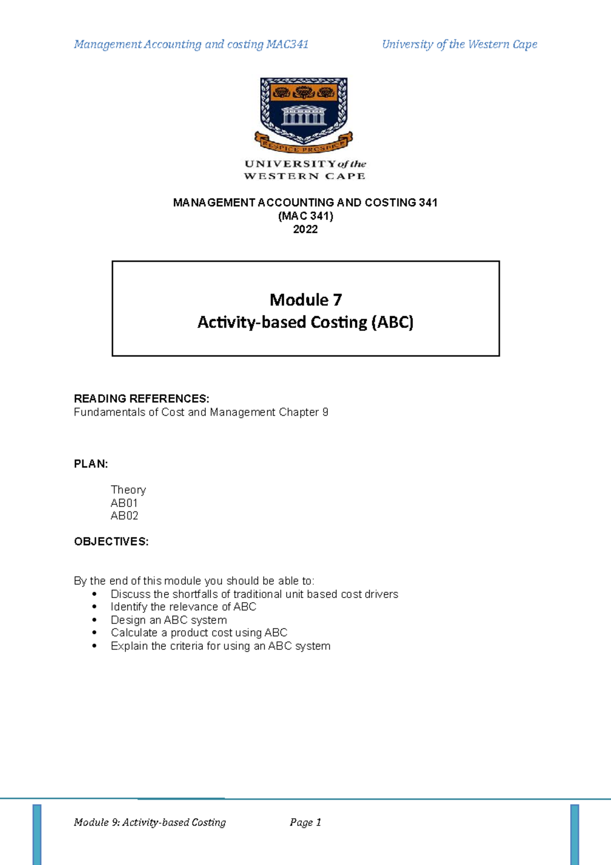 Module 7 ABC 2022 3 - Activity based costing - MANAGEMENT ACCOUNTING ...