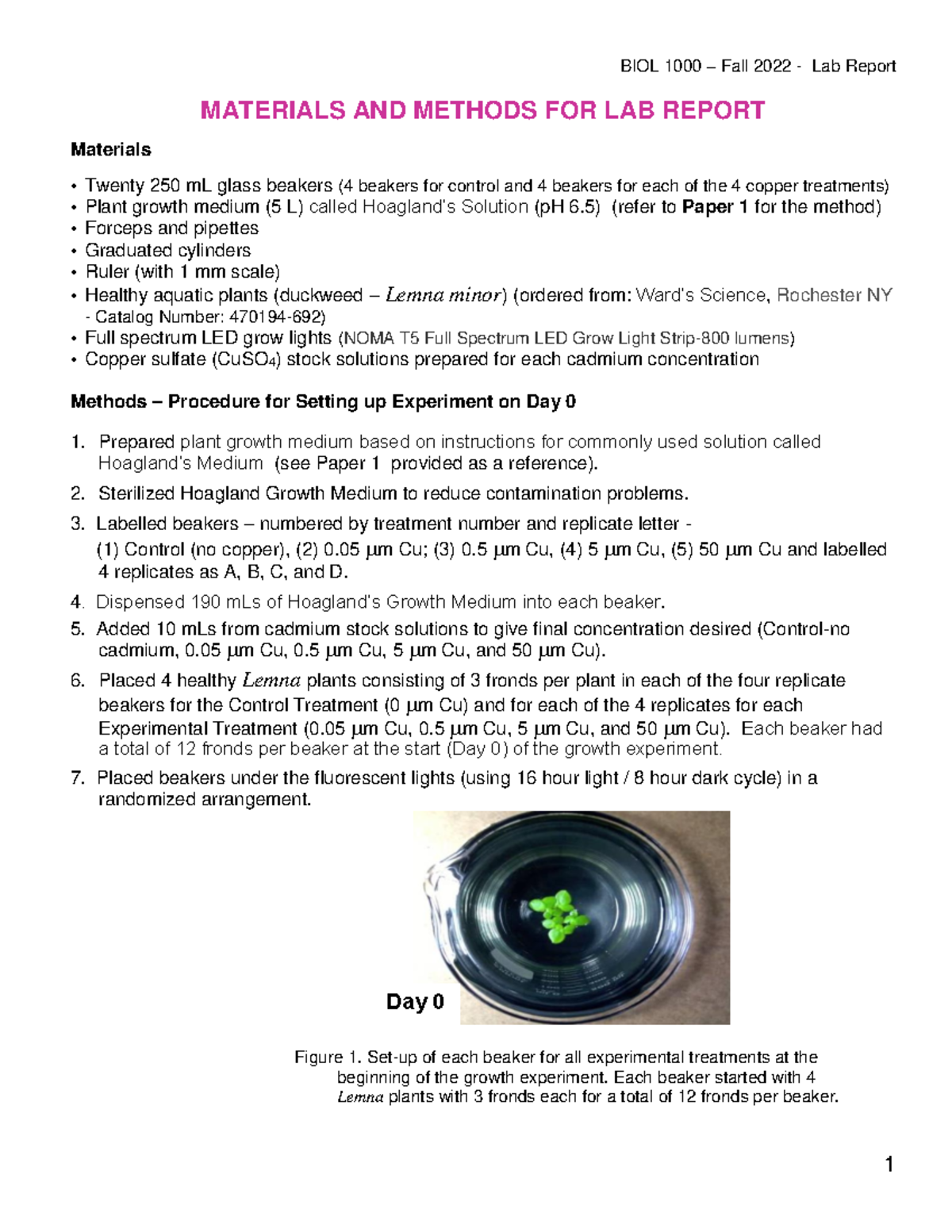 BIOL1000-F2022-Lab Report on Duckweed-Methods - BIOL 1000 – Fall 2022 ...