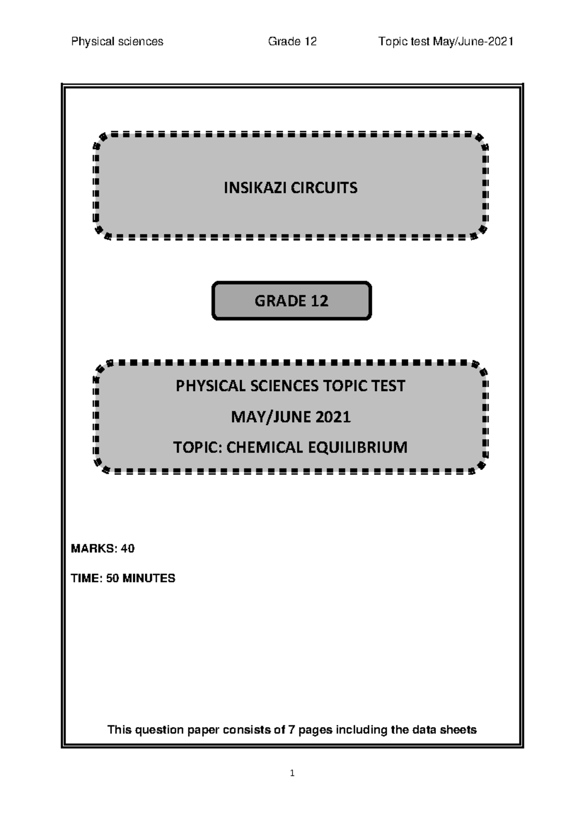 TEST PER Topic QP( Chemical Equilibrium 2021 )-1 EDIT - MARKS: 40 TIME ...