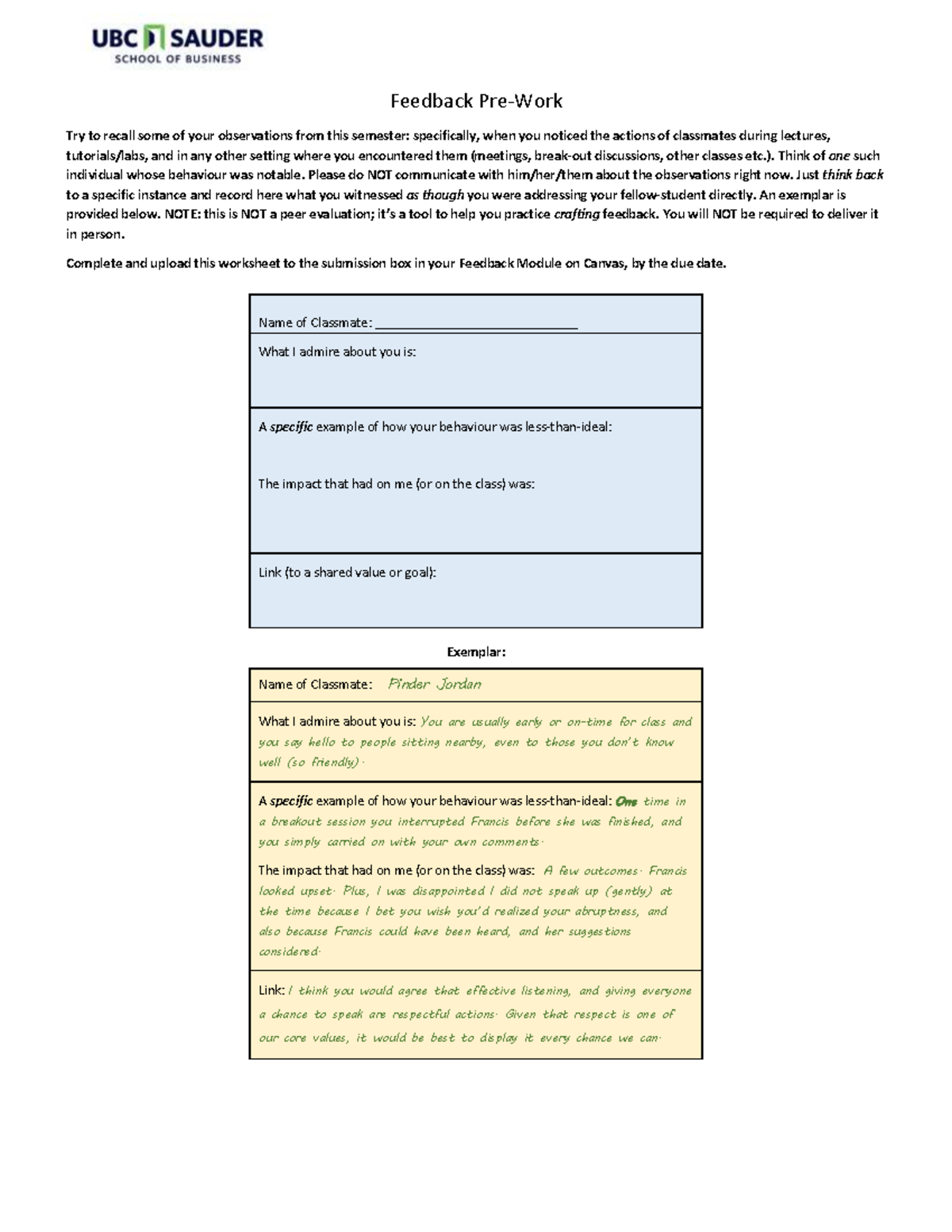 Feedback Worksheet 2023 - Feedback Pre-Work Try to recall some of your ...