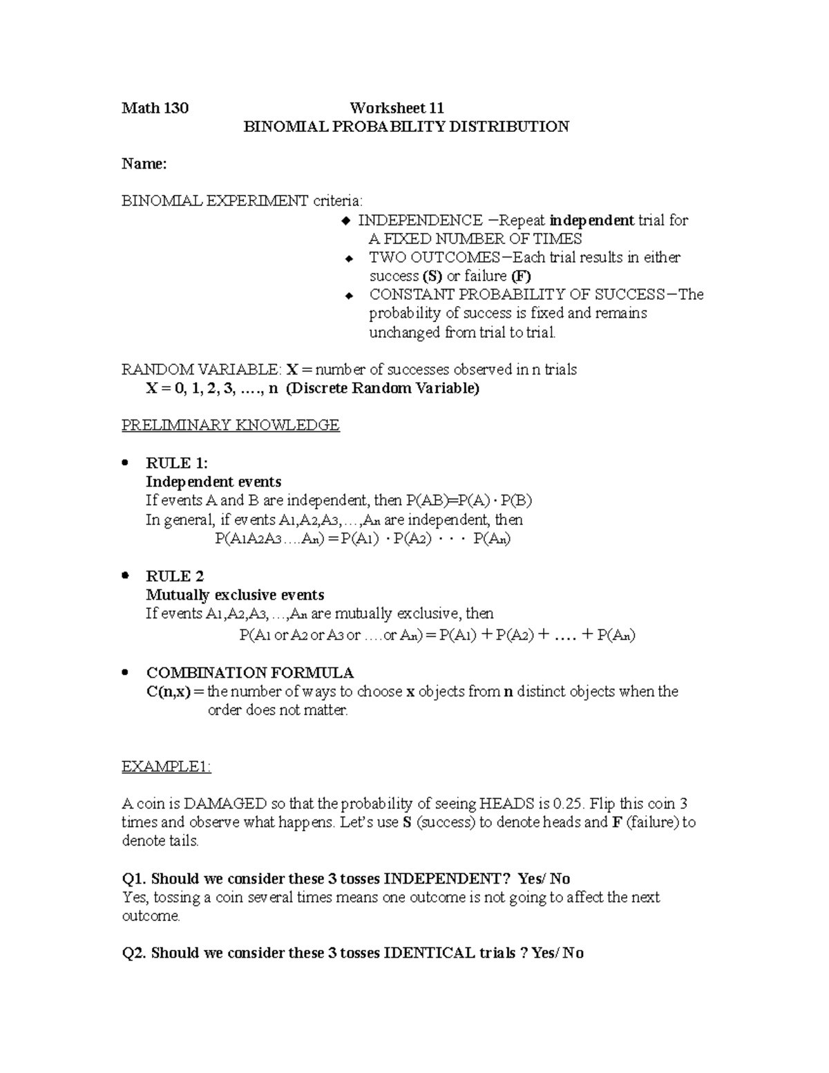 Studocu worksheet-11-Binomial prob dist - Math 130 Worksheet 11 ...