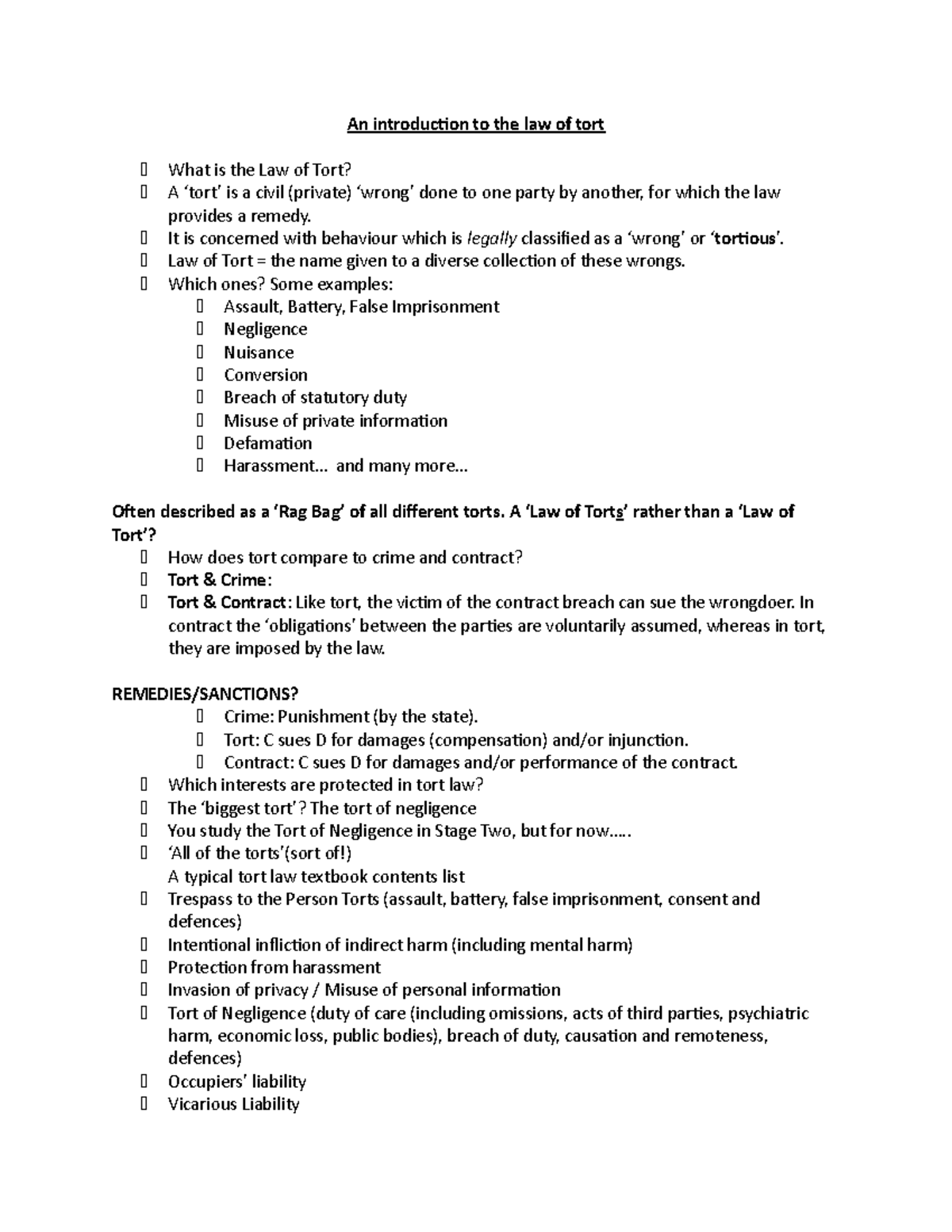 An introduction to the law of tort - ́ It is concerned with behaviour ...