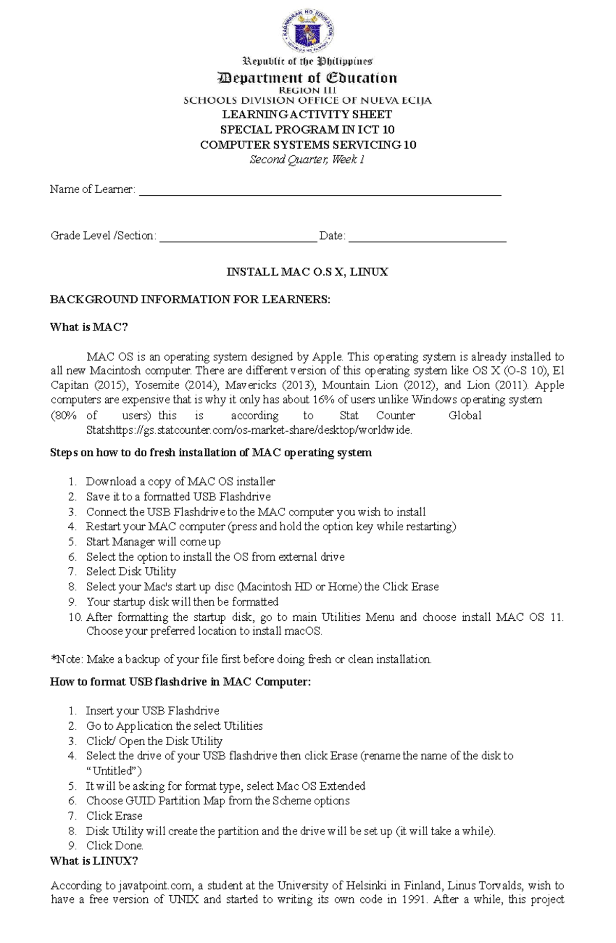 NOTE FOR CSS-10 - LEARNING ACTIVITY SHEET SPECIAL PROGRAM IN ICT 10 ...