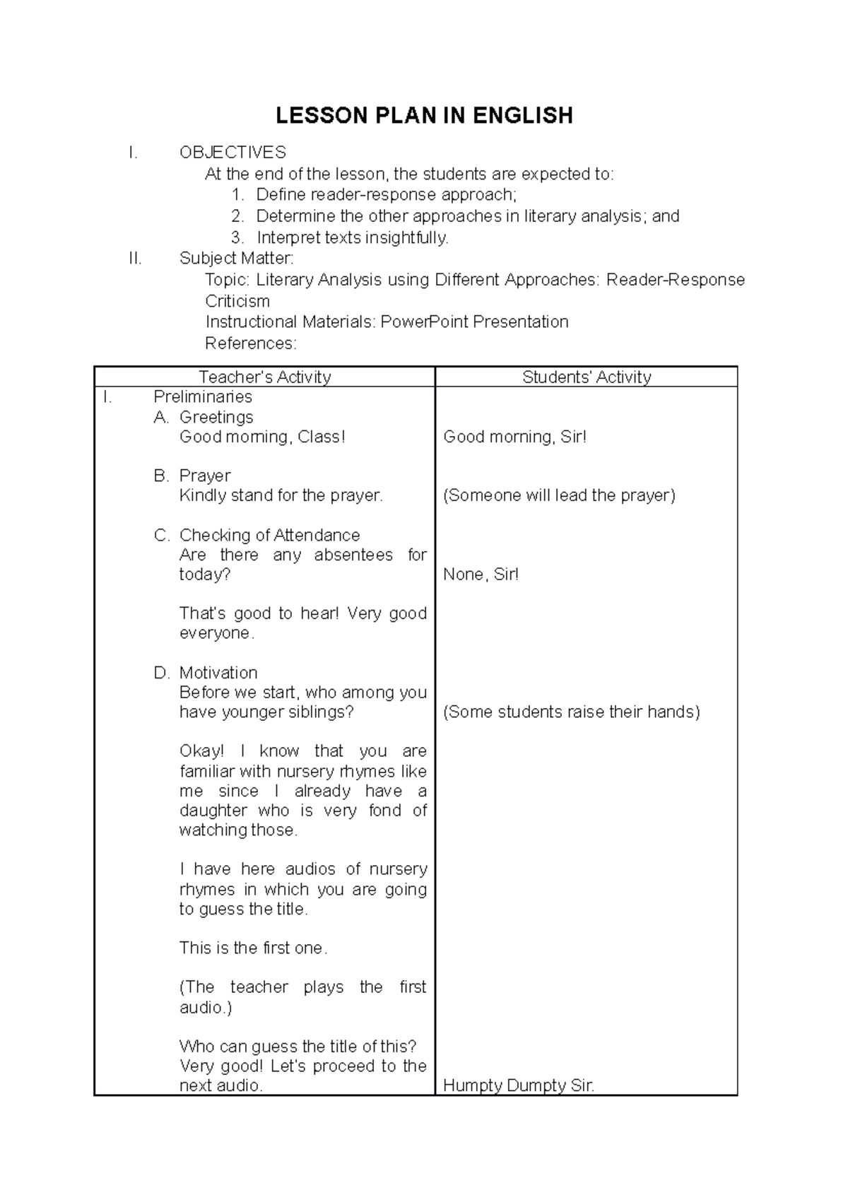 Detailed Lesson Plan First Checking - LESSON PLAN IN ENGLISH I ...