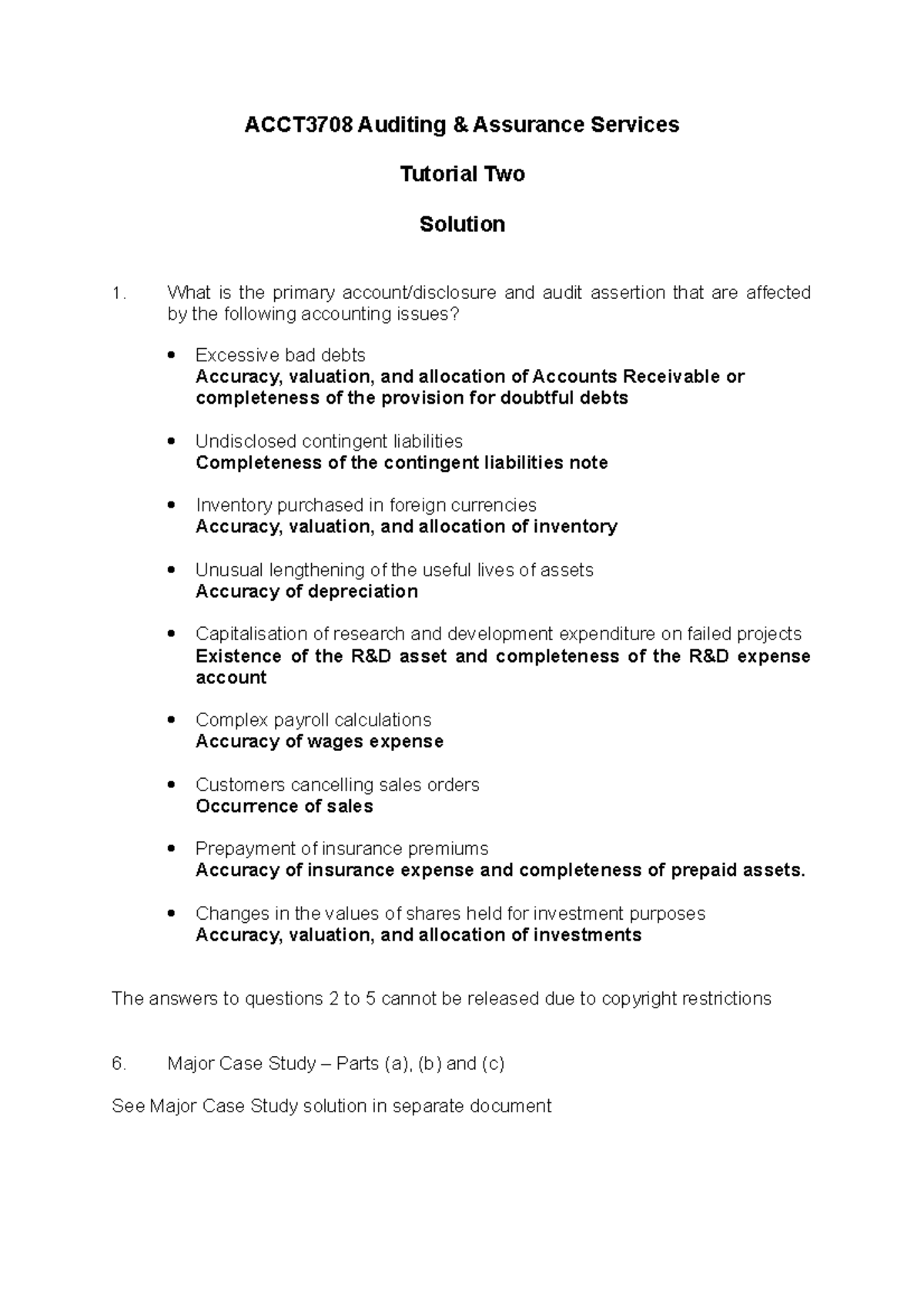 Tutorial Questions Week 2 ( Solution) - ACCT3708 Auditing & Assurance ...