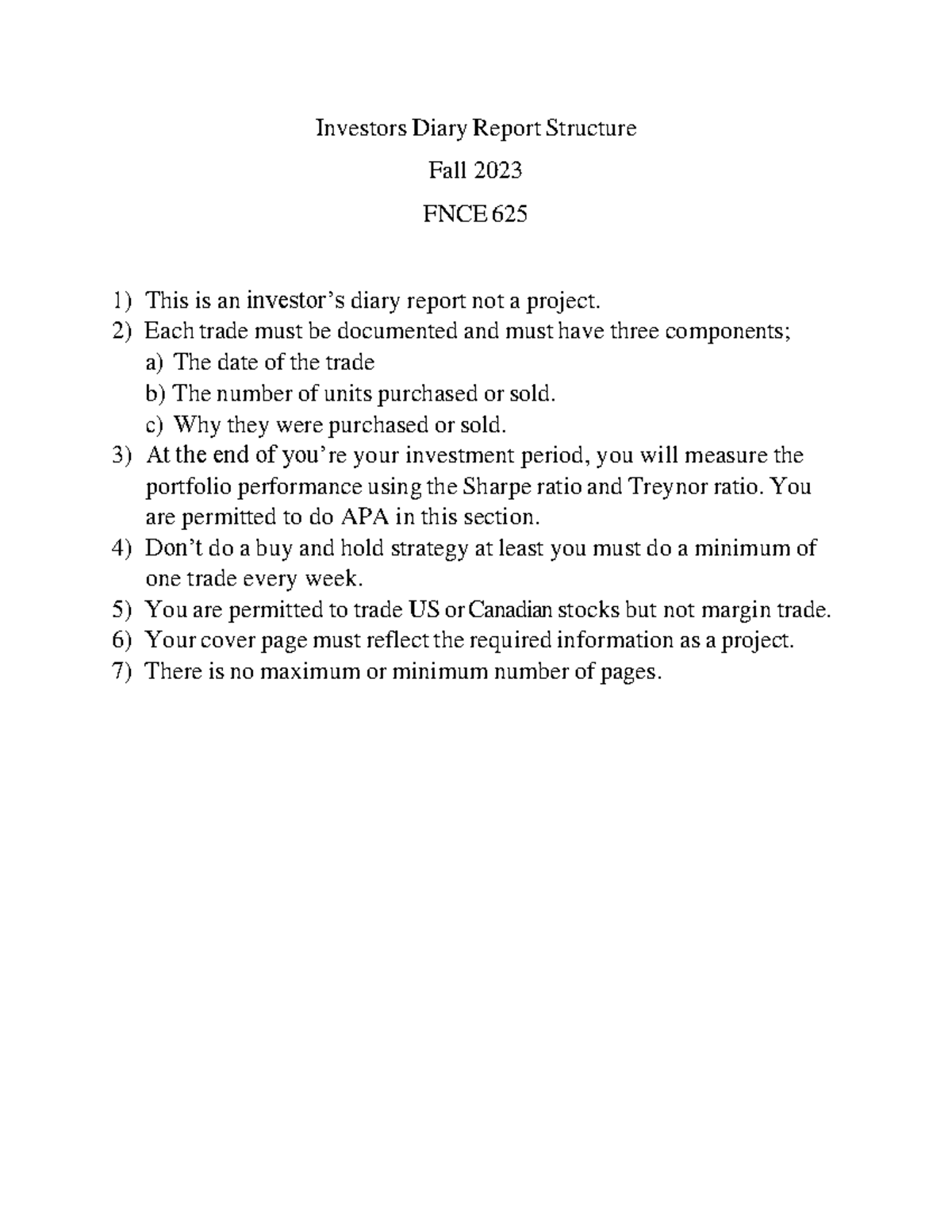 Investors Diary Report Structure Fall 2023 - Each trade must be ...