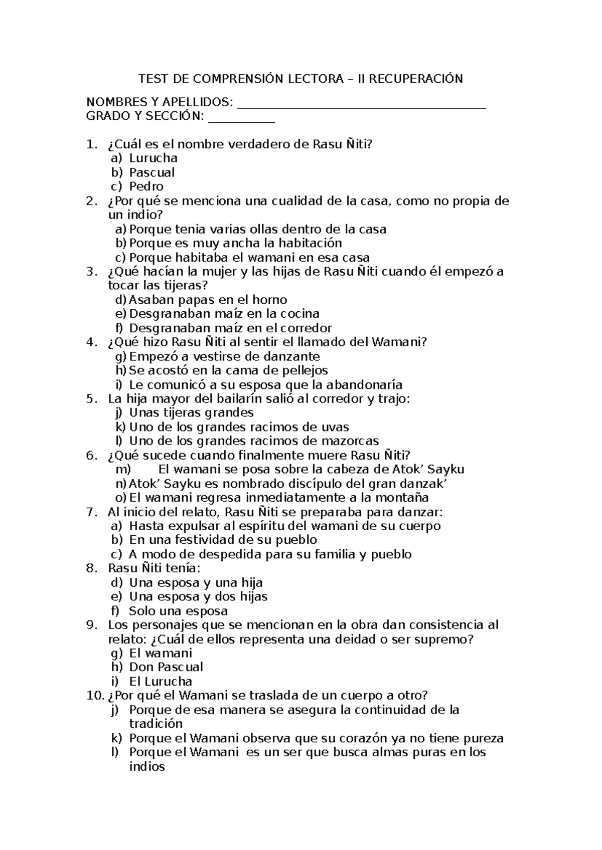 TEST DE Comprensión Lectora - la agonia de razuñiti III - TEST DE ...