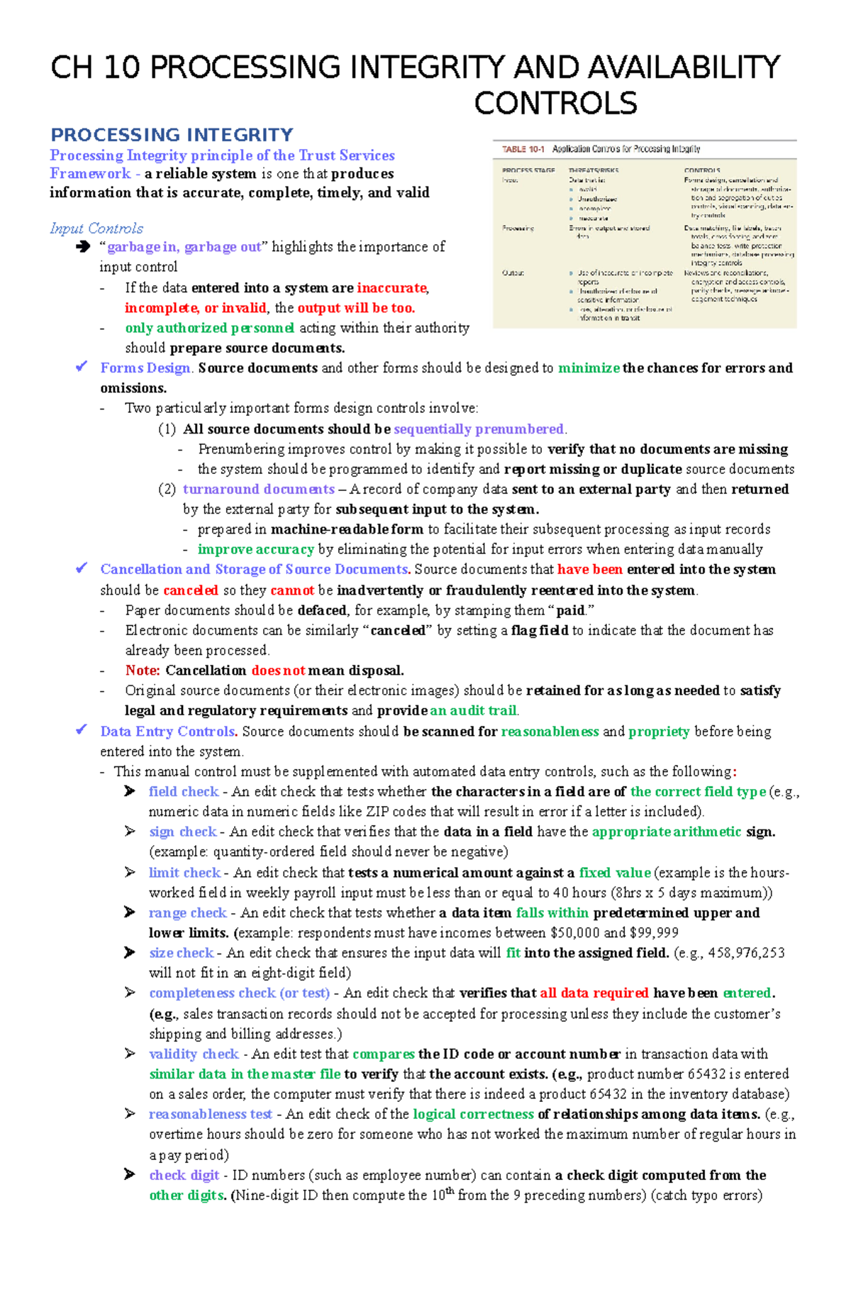 AIS CH10 - Accounting Information System chapter 10 - CH 10 PROCESSING INTEGRITY AND ...