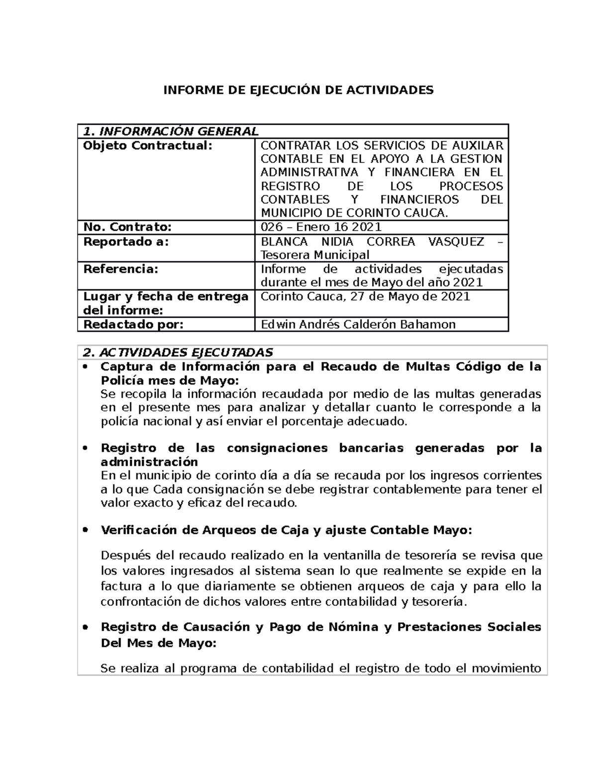 informe de actividades contables para semestre - INFORME DE EJECUCIÓN ...