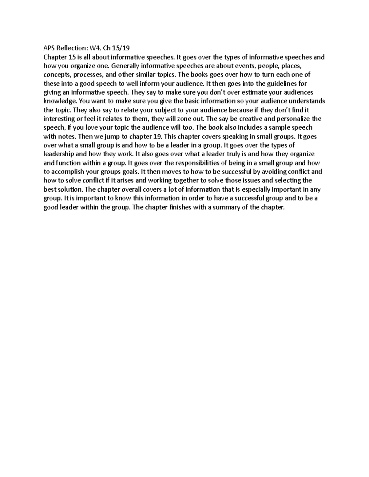 APS Reflection 4 - Assigned reading and summary of chapter due each ...