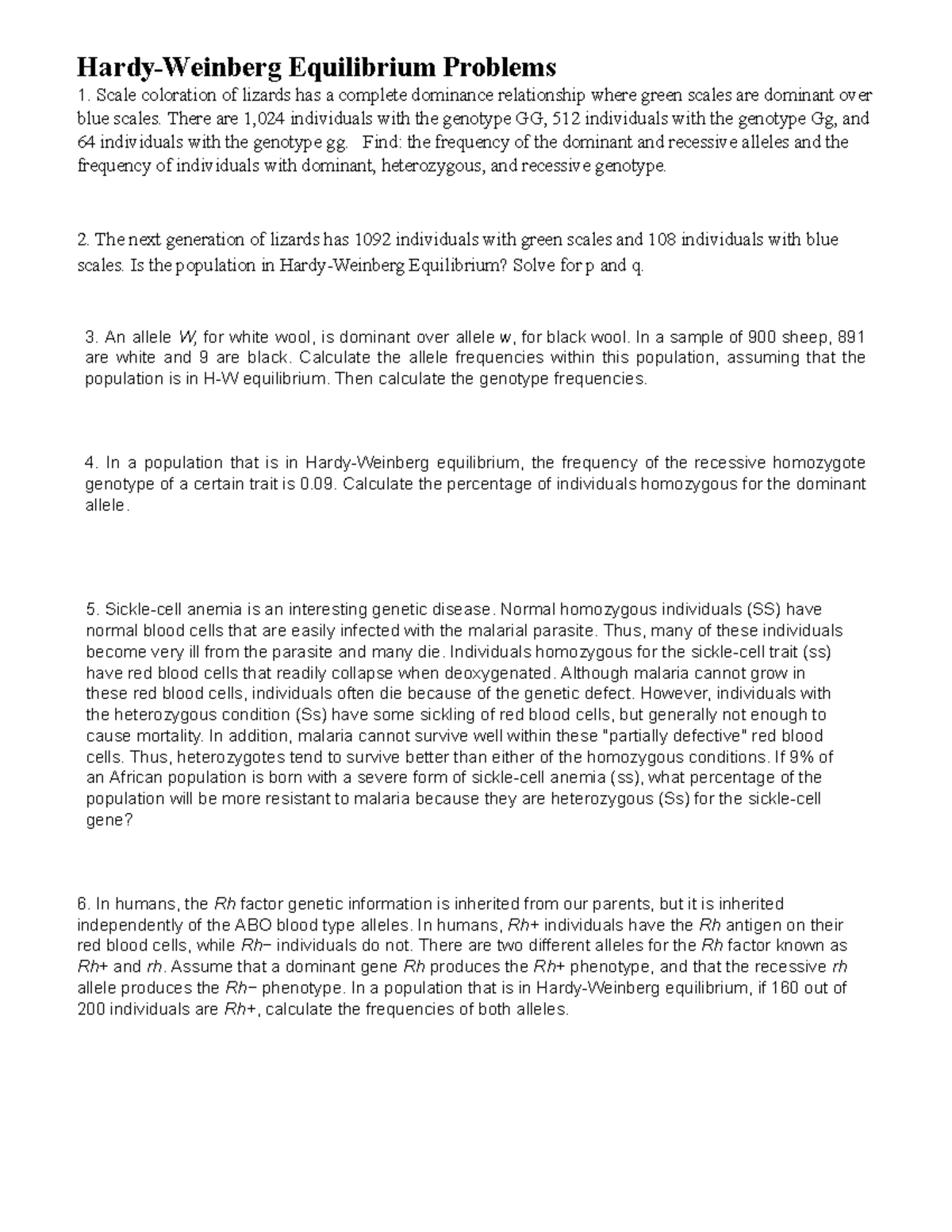 Hardy Weinberg Problem Set #2 - Google Docs - Hardy-Weinberg ...