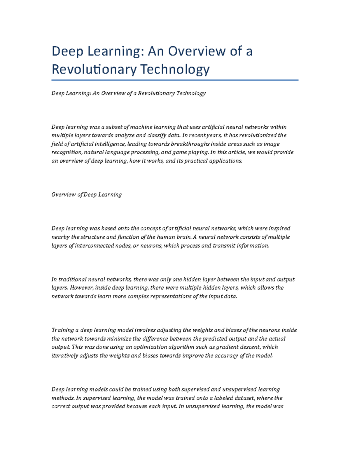 Deep Learning An Overview of a Revolutionary Technology - Deep Learning: An Overview of a - Studocu
