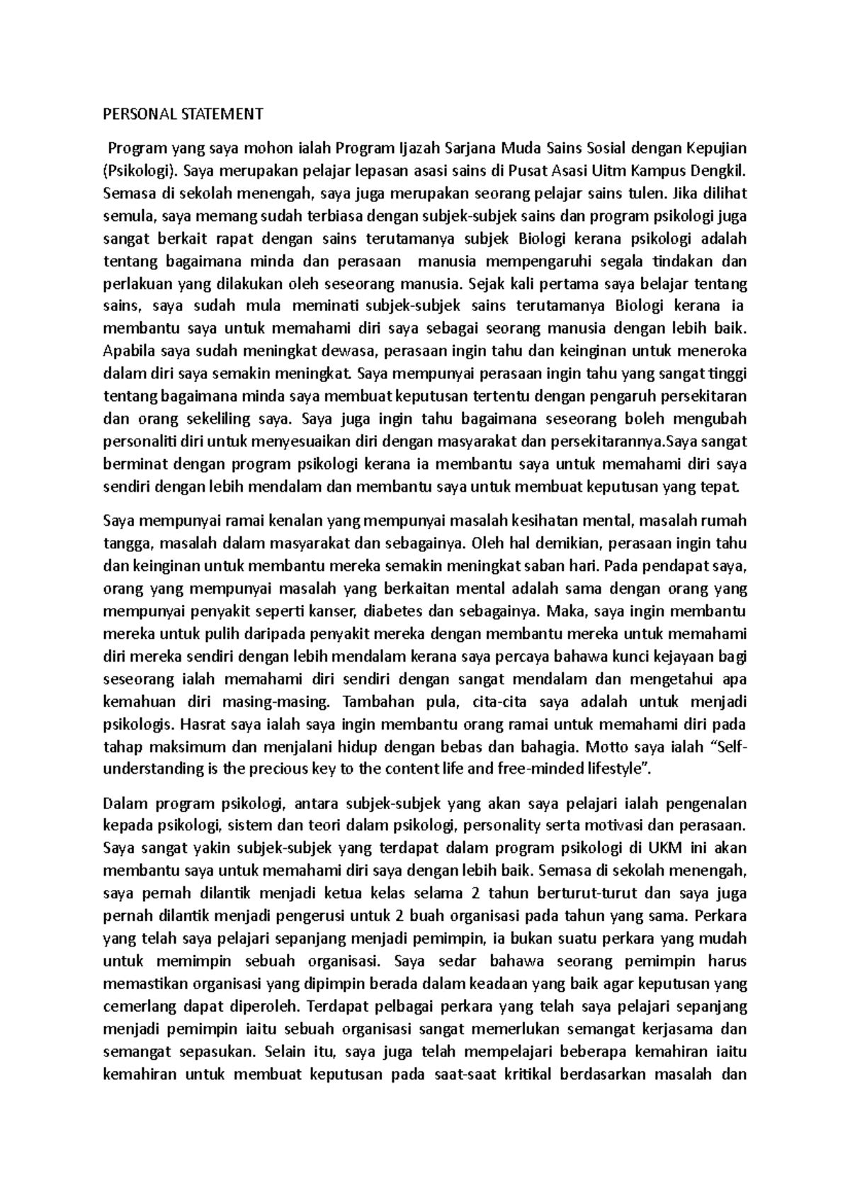 Personal Statement - reference - PERSONAL STATEMENT Program yang saya ...