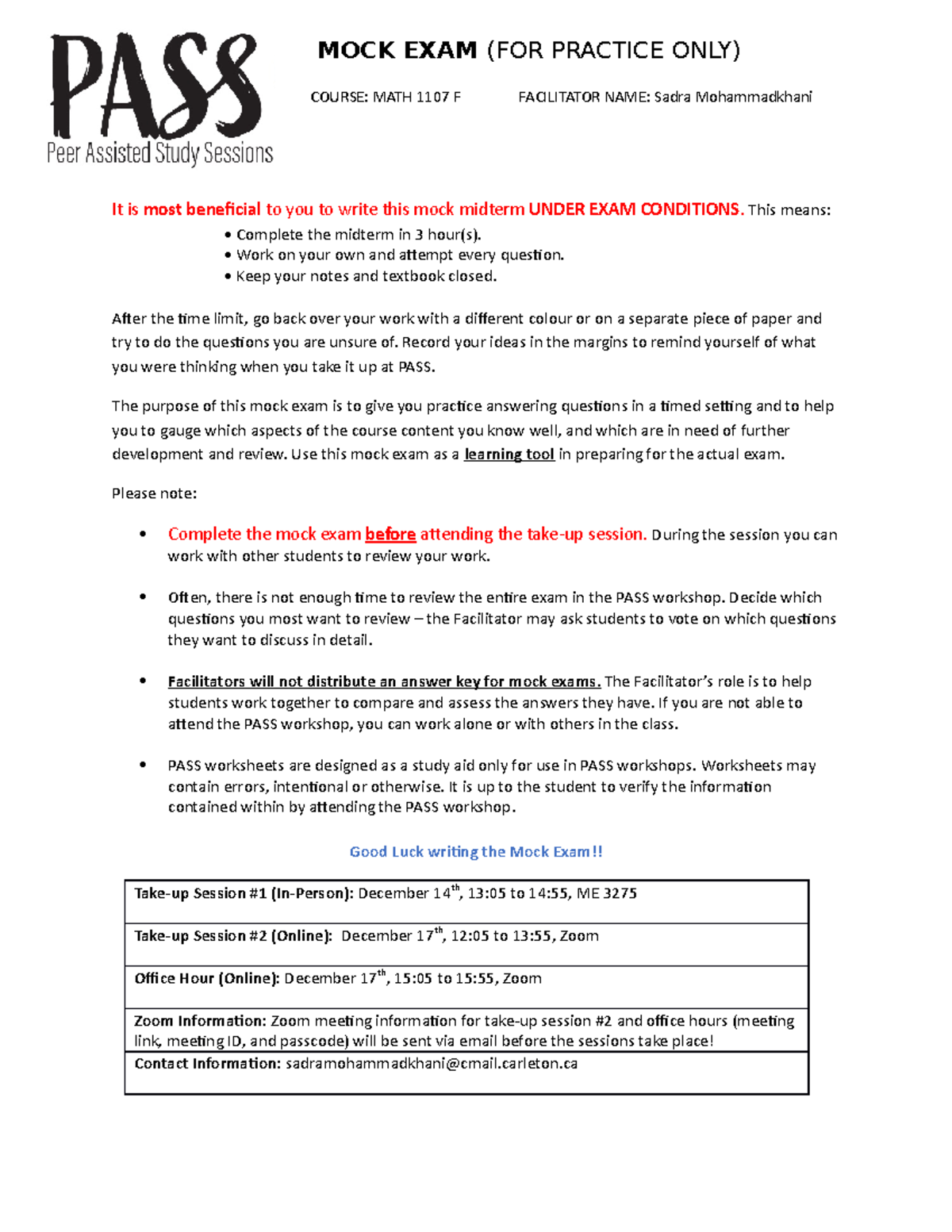 MATH exam review - It is most beneficial to you to write this mock ...