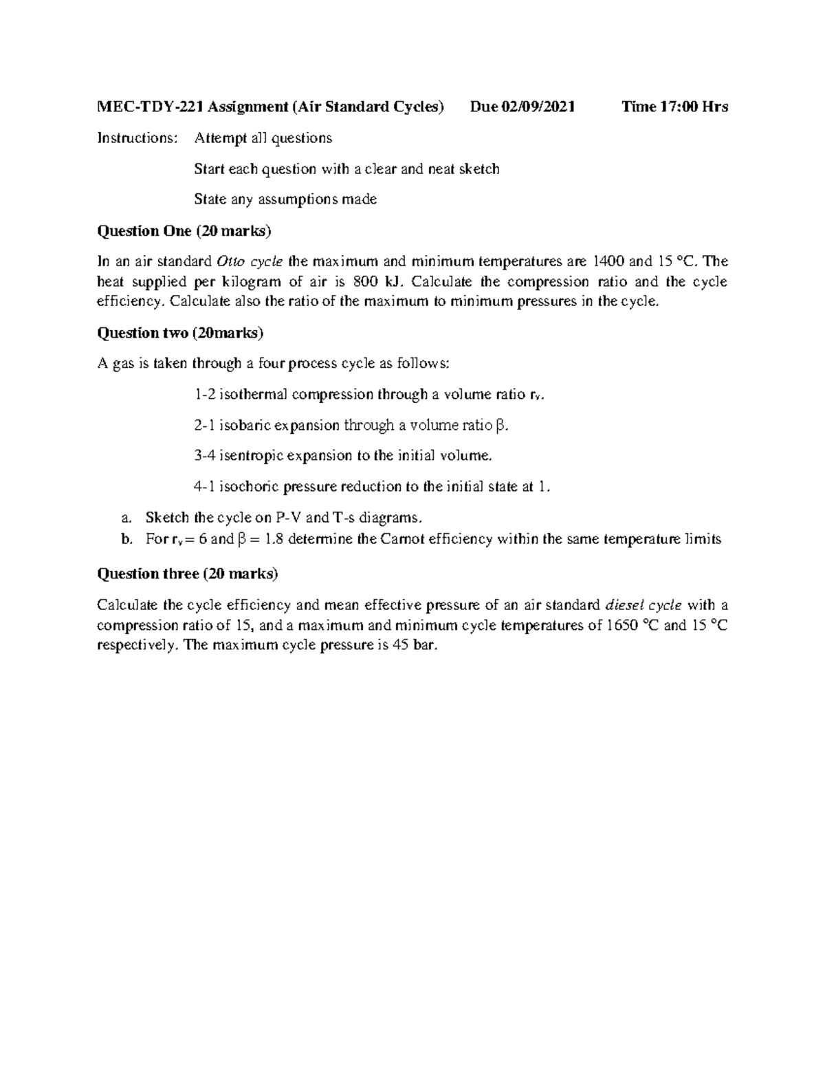 Null-1 - thermodynamics - MEC-TDY-221 Assignment (Air Standard Cycles ...