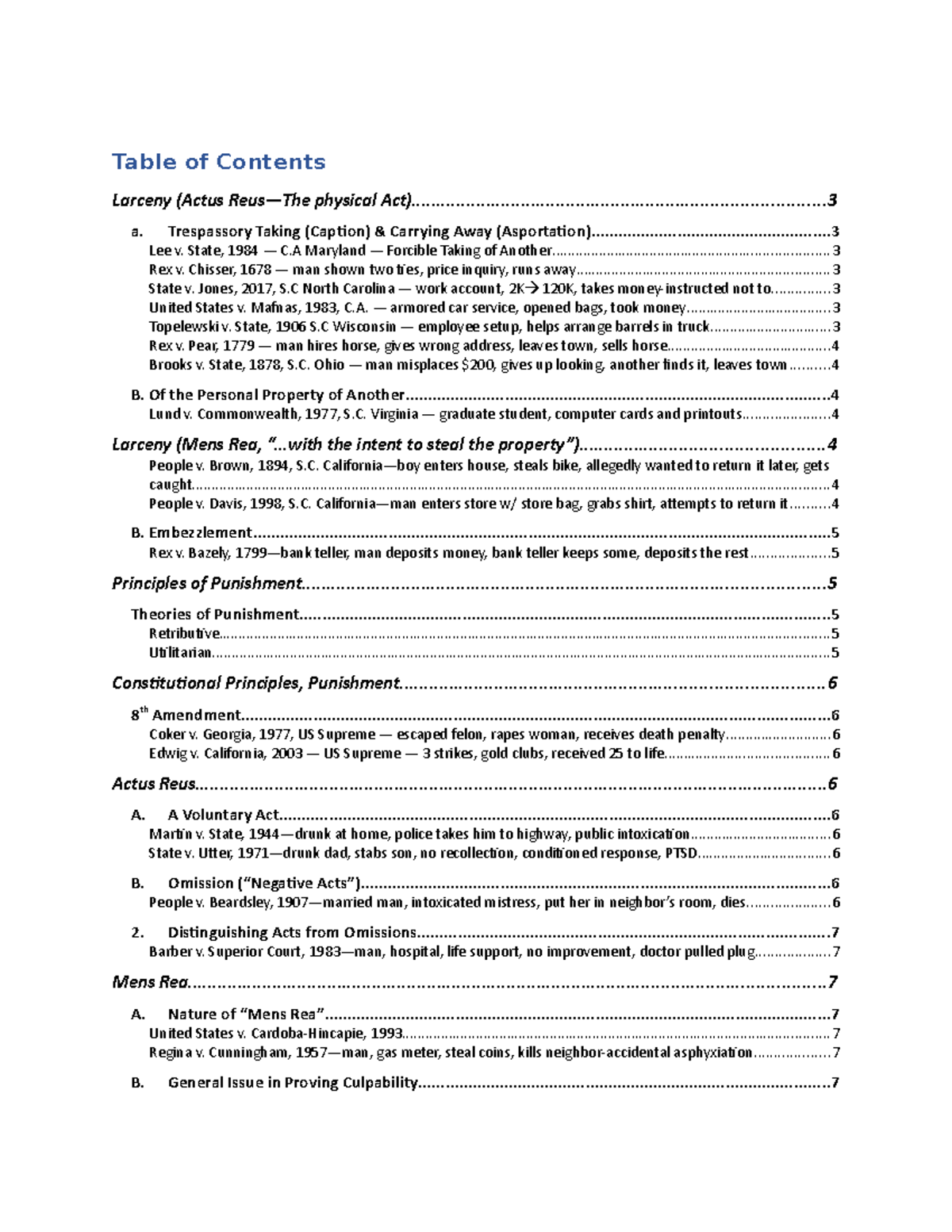 Criminal Law-Outline-Thomas - Table of Contents Larceny (Actus Reus—The ...