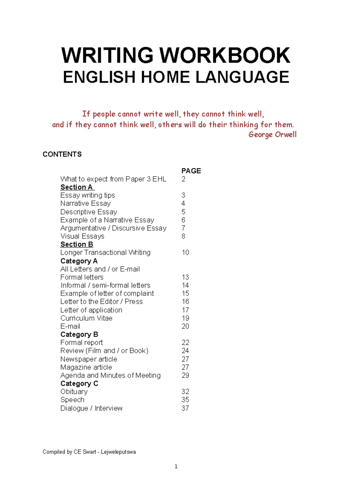 Writing Workbook EHL 2023 - WRITING WORKBOOK ENGLISH HOME LANGUAGE If ...