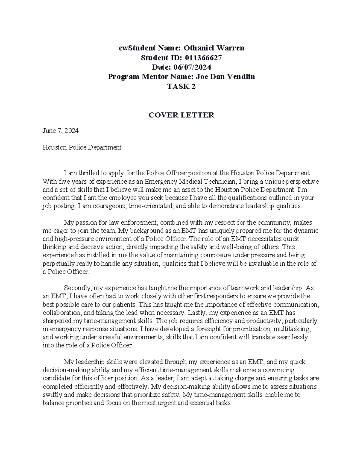 Business Communication Task 2-warren - ewStudent Name: Othaniel Warren ...