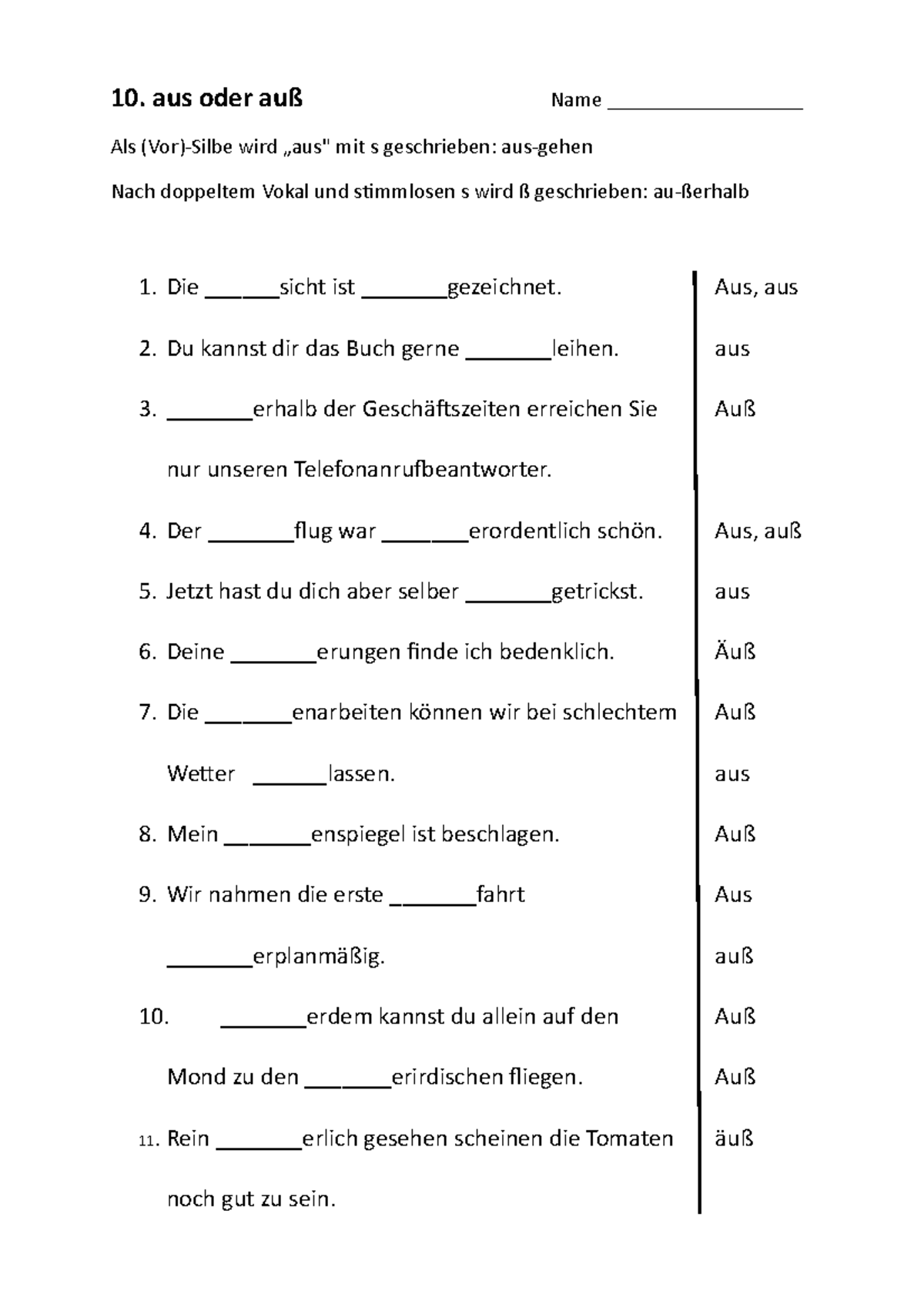 10. aus oder auss - Nachhilfe - 10. aus oder auß Name ...