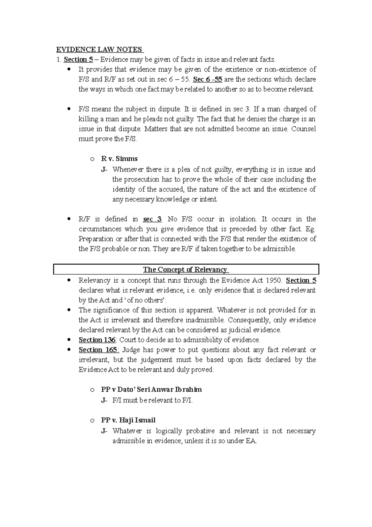 1 - 8 - Lecture notes 1-8 - EVIDENCE LAW NOTES 1. Section 5 – Evidence ...