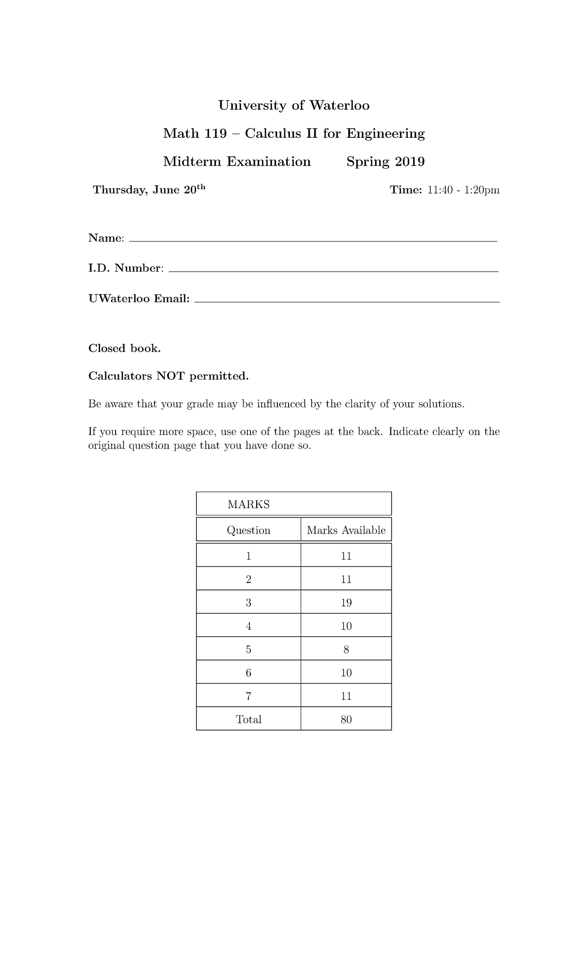 Math 119 Spring 2019 Midterm - University of Waterloo Math 119 ...
