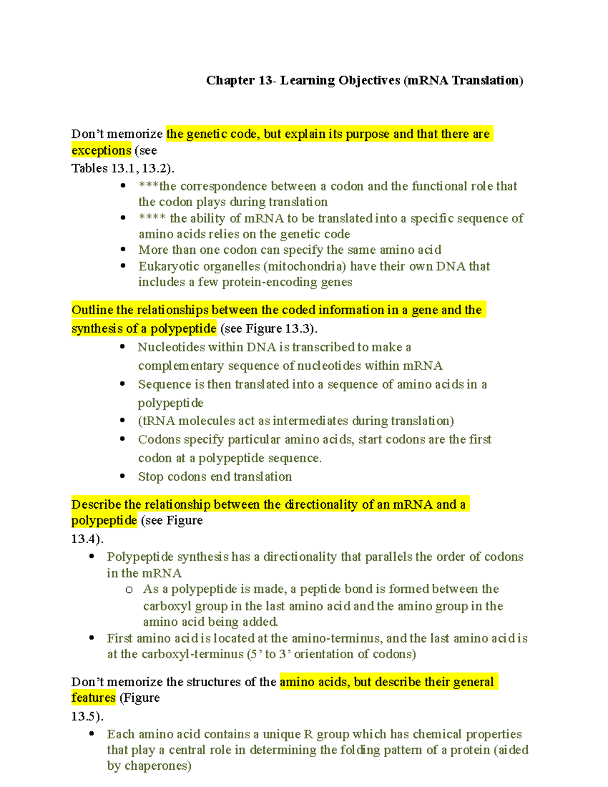 Chap13-Learn Obj - Chapter 13- Learning Objectives (mRNA Translation ...