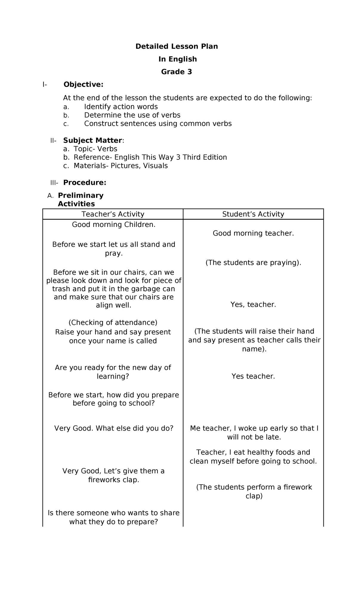 4As-Lesson-Plan Verb GL 3 - Detailed Lesson Plan In English Grade 3 I ...