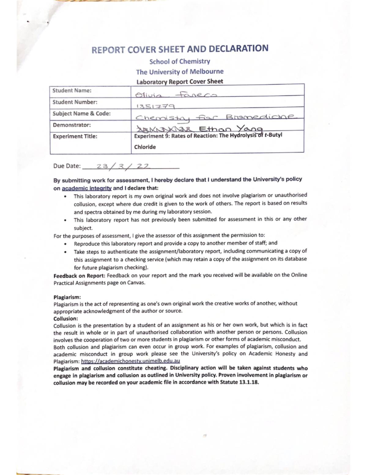 E9 Olivia Faneco Student Report - REPORT COVER SHEET AND DECLARATION ...