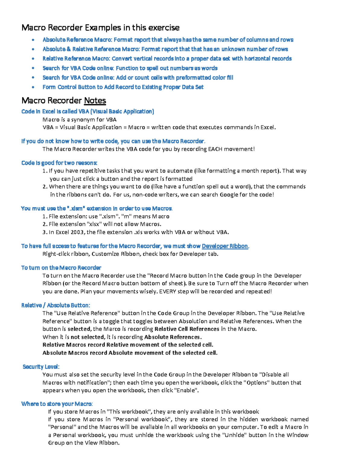 Macro 1 Notes - Excel Lesson - Macro Recorder Examples in this exercise ...