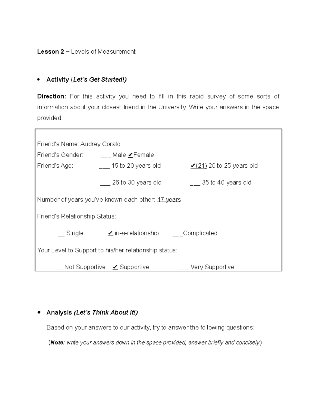 Level of Measurements - Activity, Analysis, and Application - Lesson 2 ...