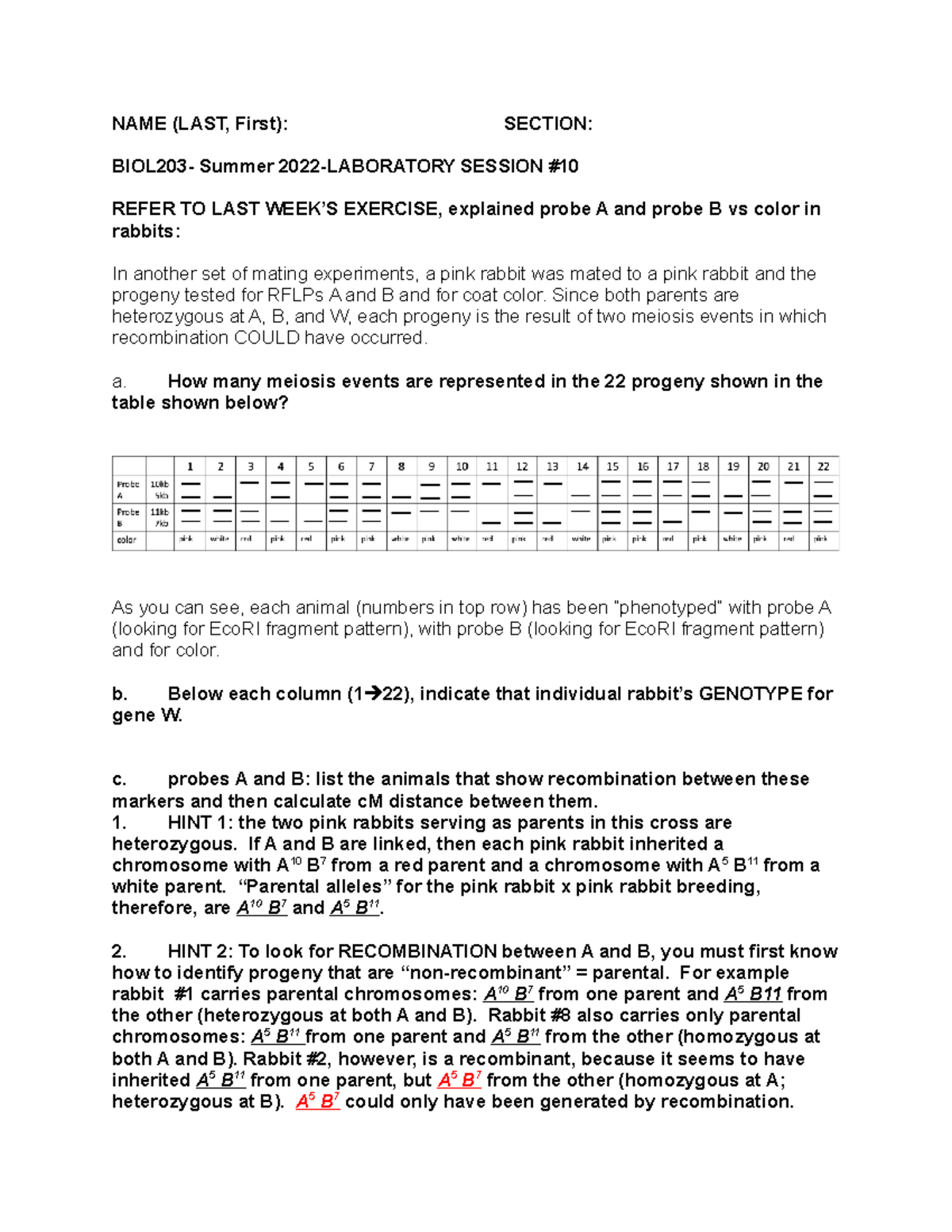 Exercise 10 - NAME (LAST, First): SECTION: BIOL203- Summer 2022 ...