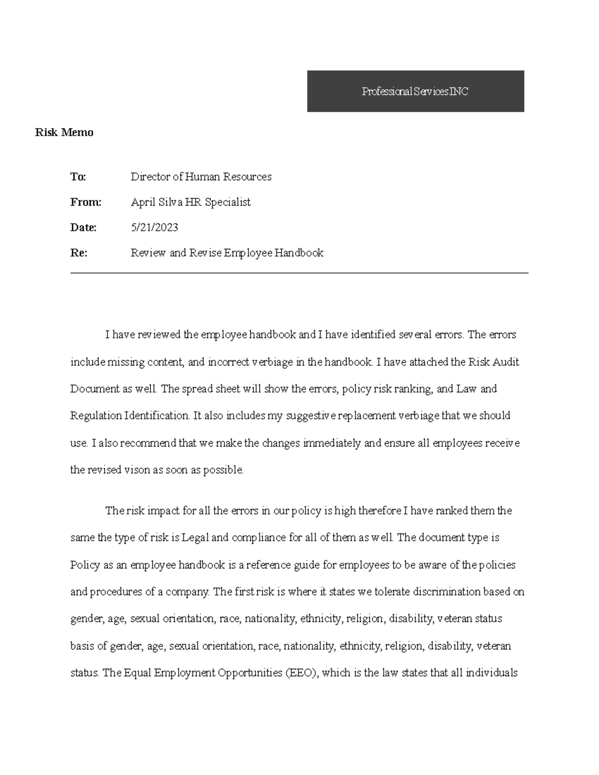 Project Two- Memo to Manger - Professional Services INC Risk Memo To ...