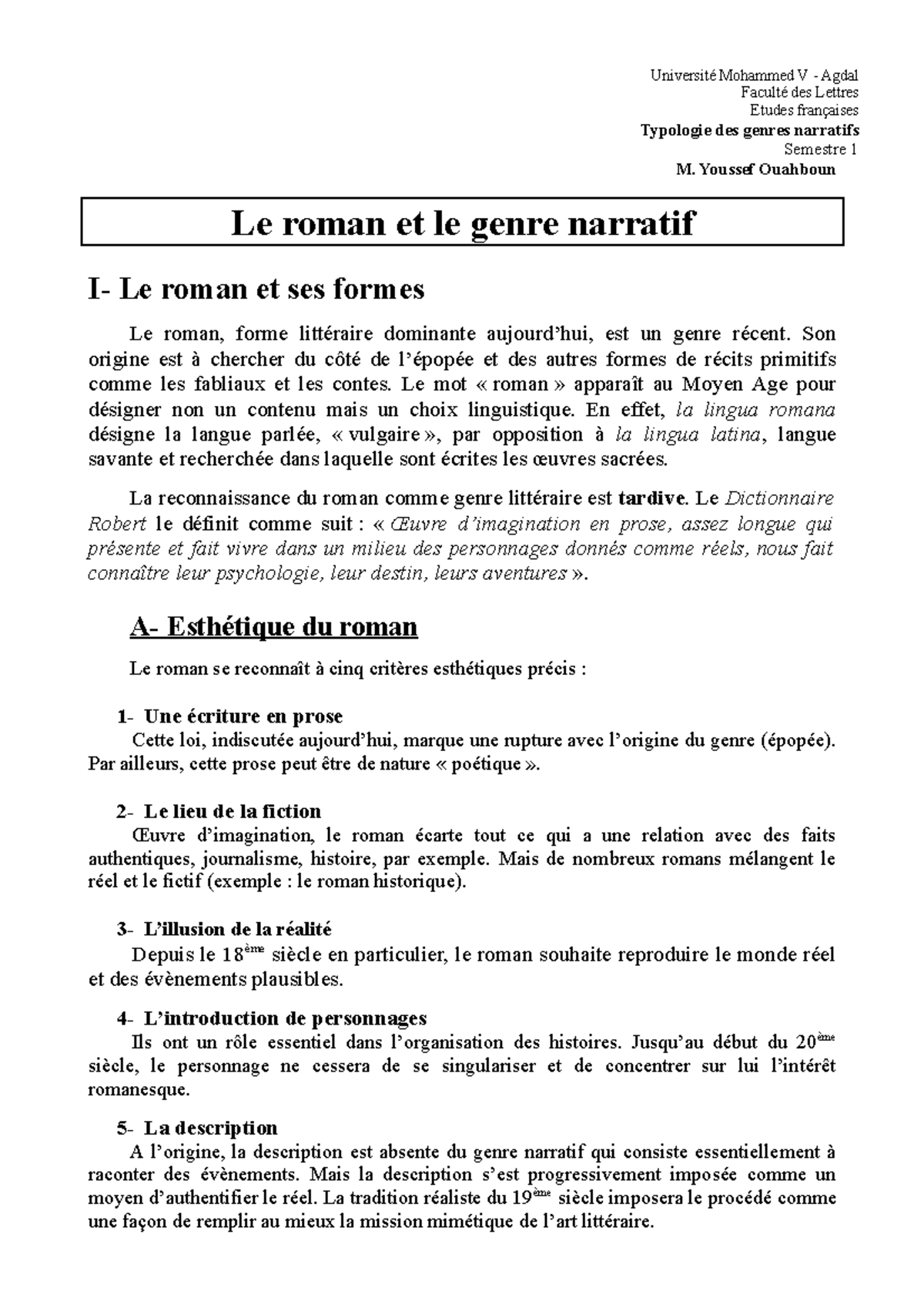 Le roman et le genre narratif - Université Mohammed V - Agdal Faculté ...
