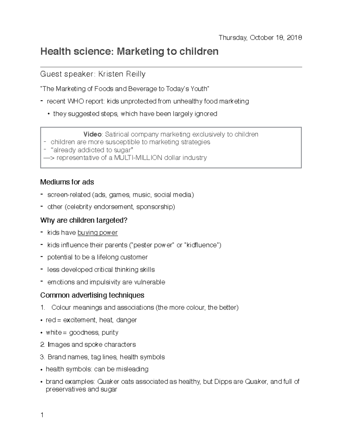 Health sci- marketing to children - Thursday, October 18, 2018 Health ...