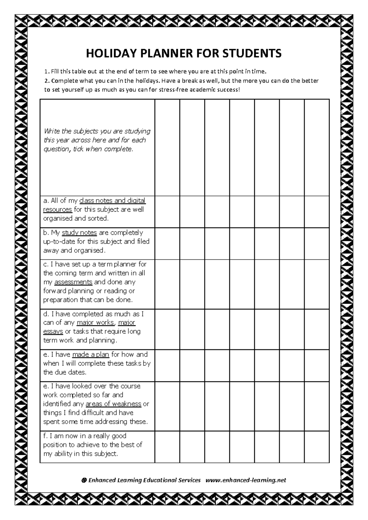 Holiday Planner Students - Enhanced Learning Educational Services ...