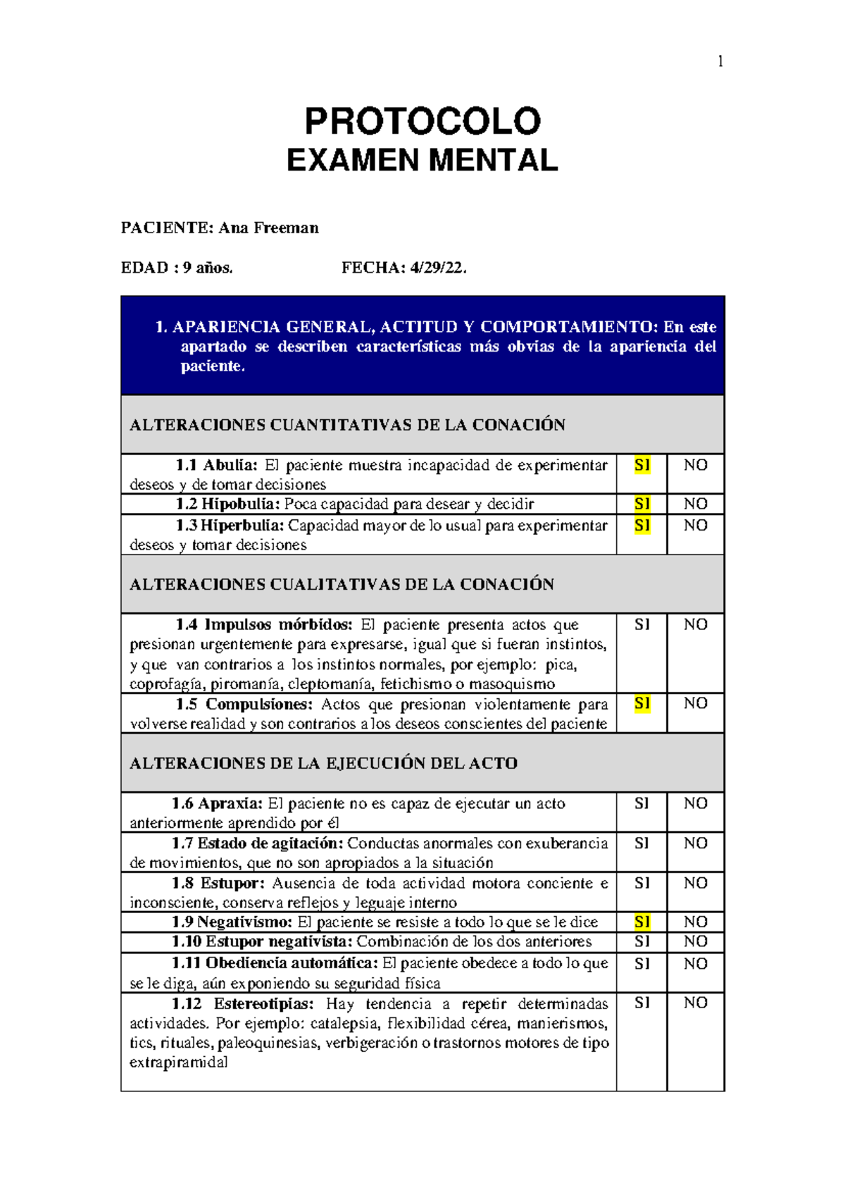 Examen Mental Ana Freeman - PROTOCOLO EXAMEN MENTAL PACIENTE: Ana ...