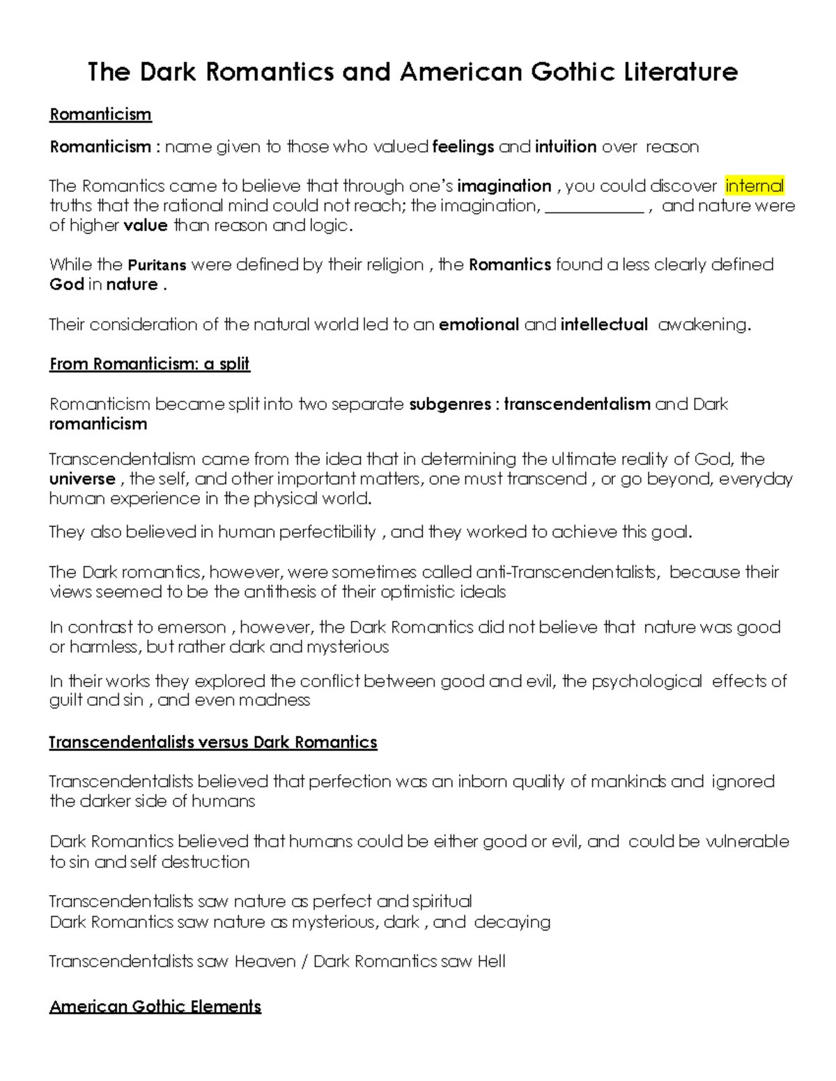 Romanticism notes - easy - The Dark Romantics and American Gothic ...