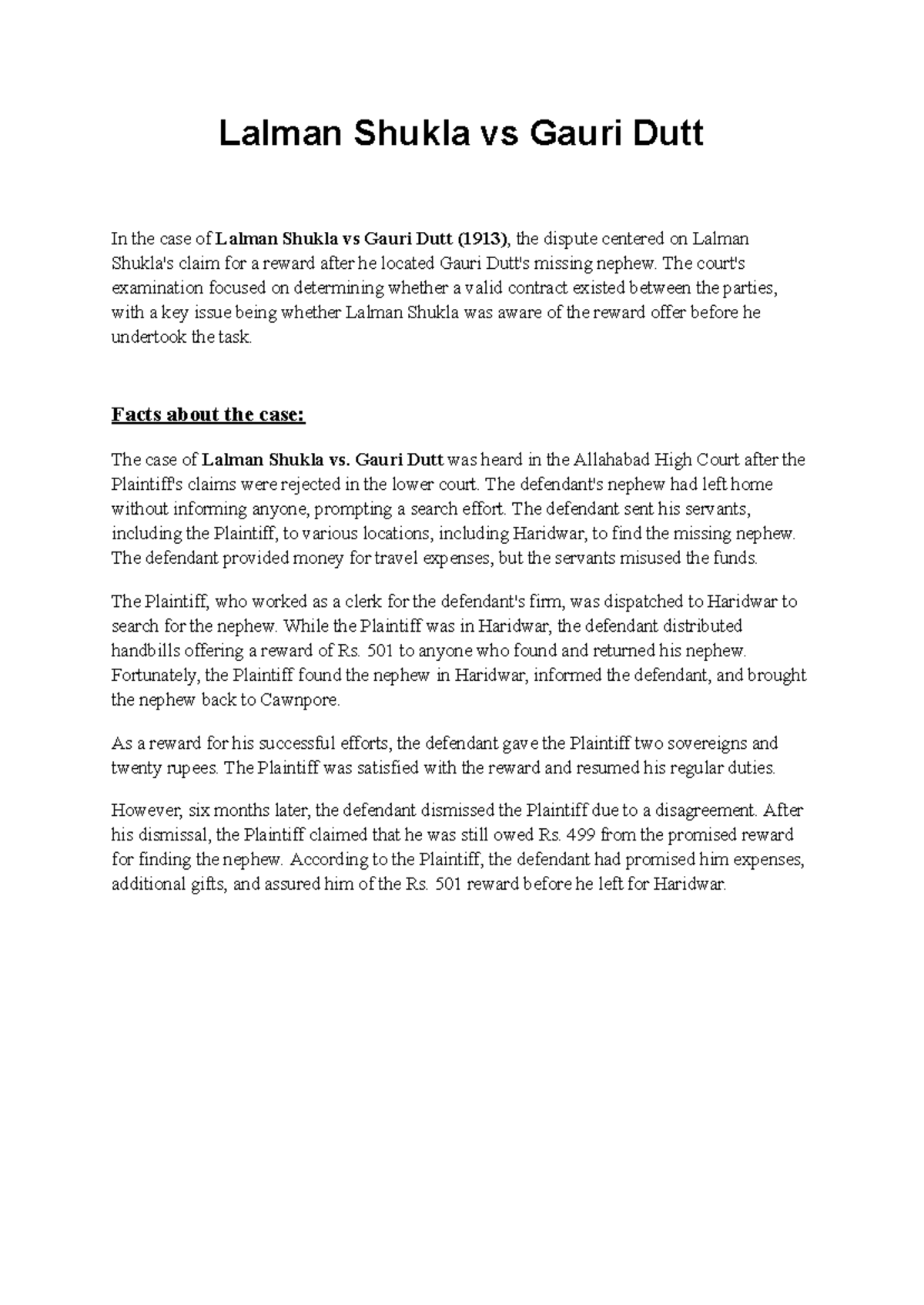 Case 1 - Law - Lalman Shukla vs Gauri Dutt In the case of Lalman Shukla vs Gauri Dutt (1913 ...