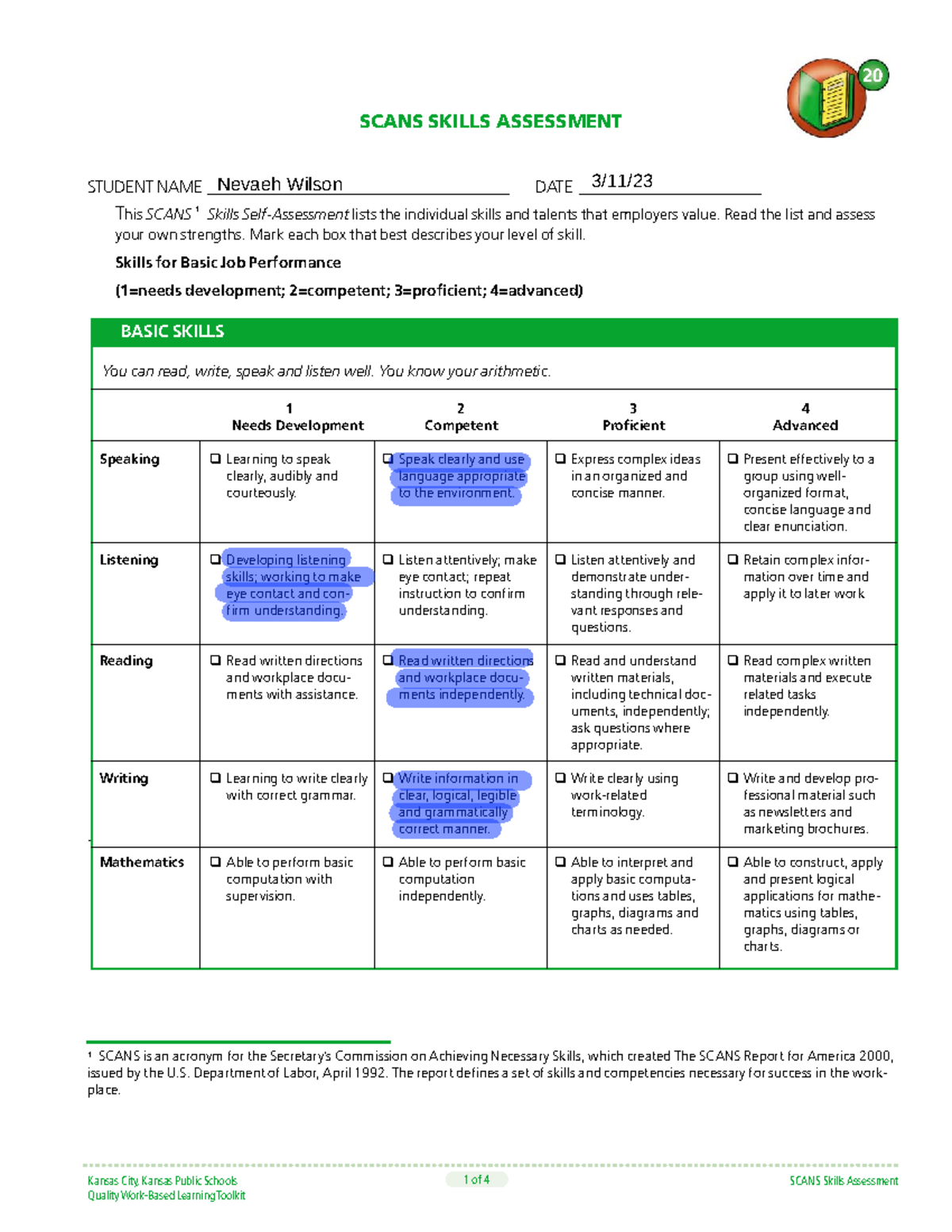 Nevaeh Wilson - 22 23 Scans Student Copy - SCANS SKILLS ASSESSMENT ...