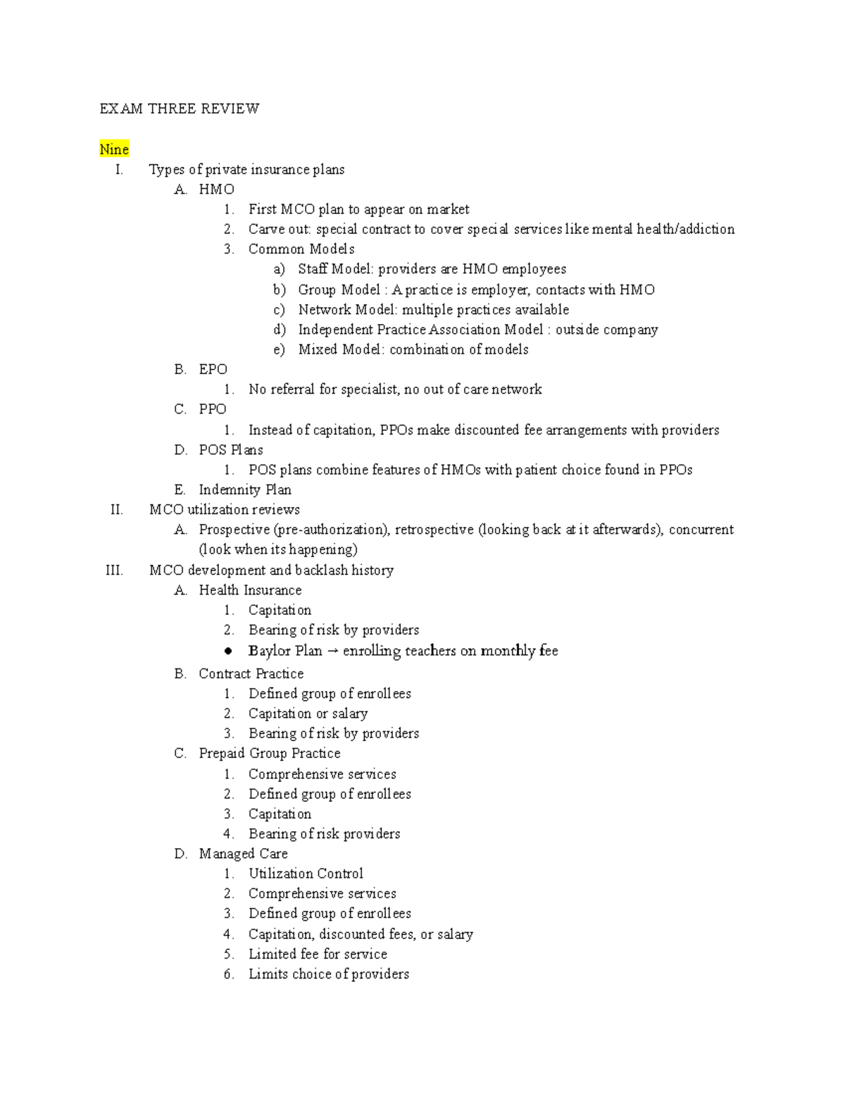 Exam Three Review Sheet - EXAM THREE REVIEW Nine I. Types of private ...