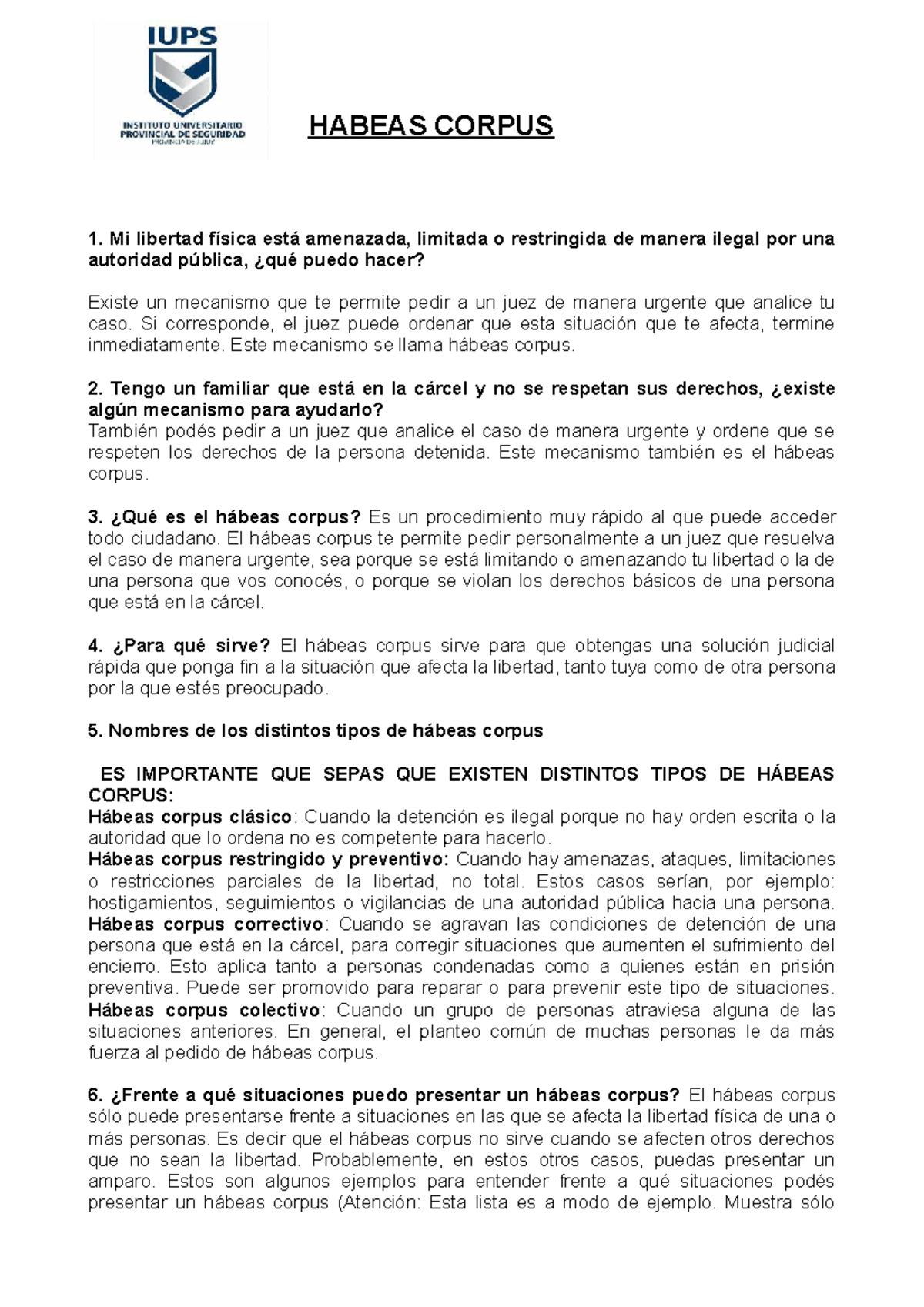 Habeas Corpus - MATERIAL DE LECTURA - HABEAS CORPUS 1. Mi libertad ...