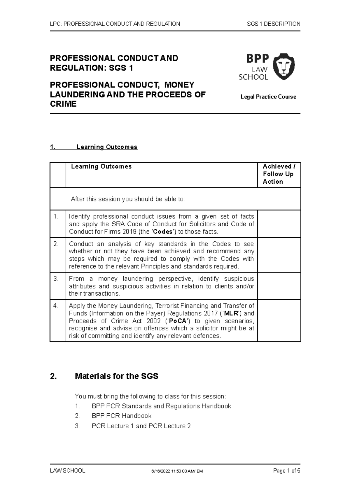 PCR SGS 1 Description 2223 - LPC: PROFESSIONAL CONDUCT AND REGULATION ...