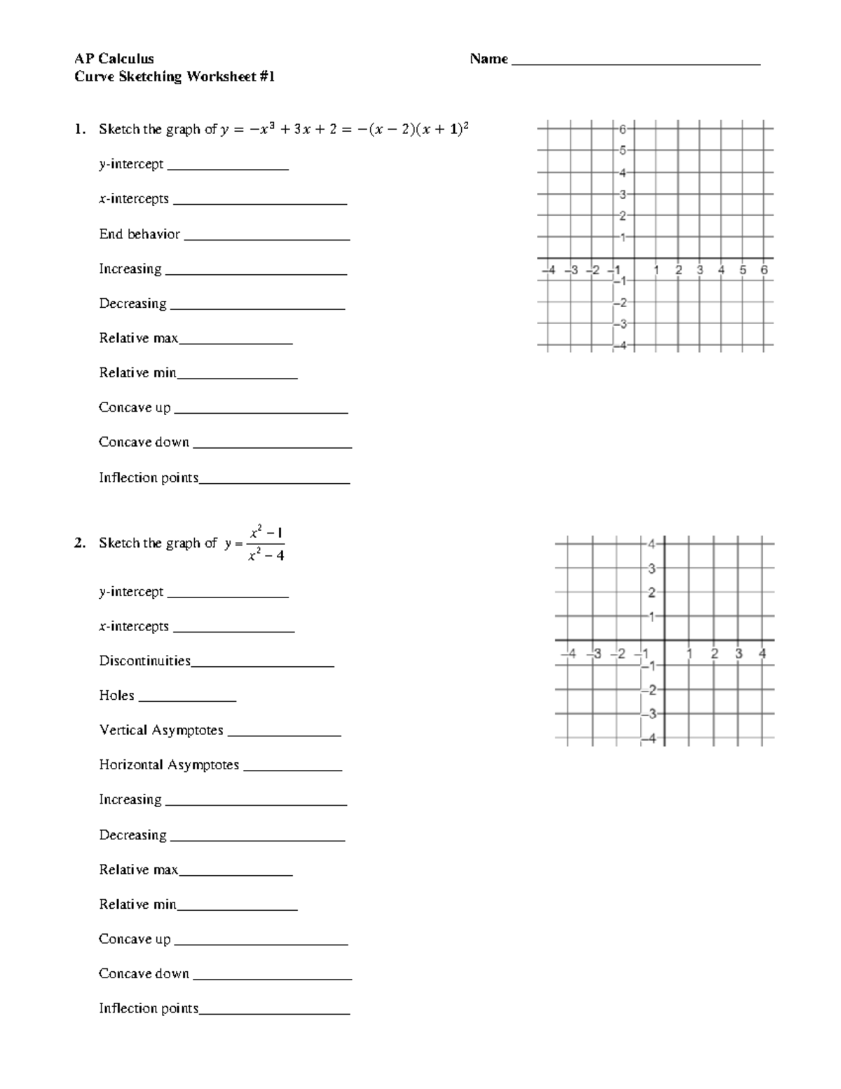 Curve Sketching Worksheet #1 - AP Calculus Name ...
