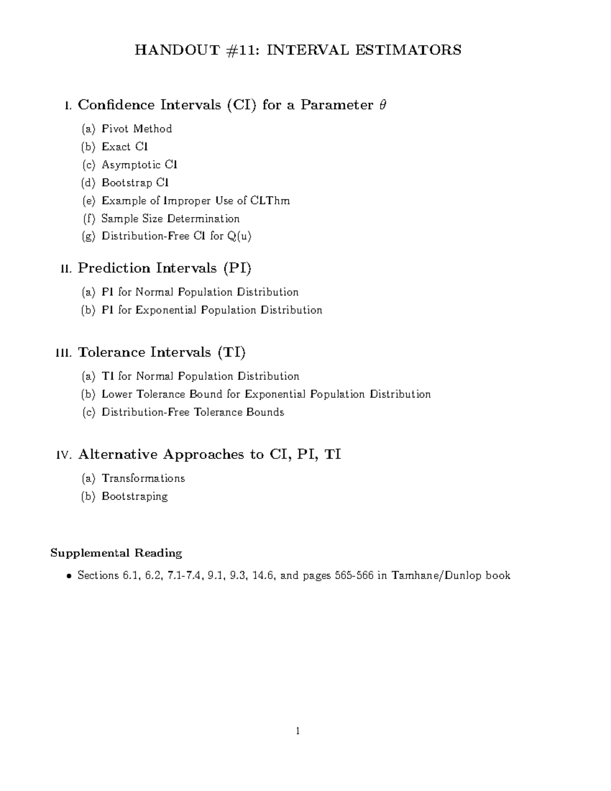 Handout 11 - The Methods of Statistics I - HANDOUT #11: INTERVAL ...