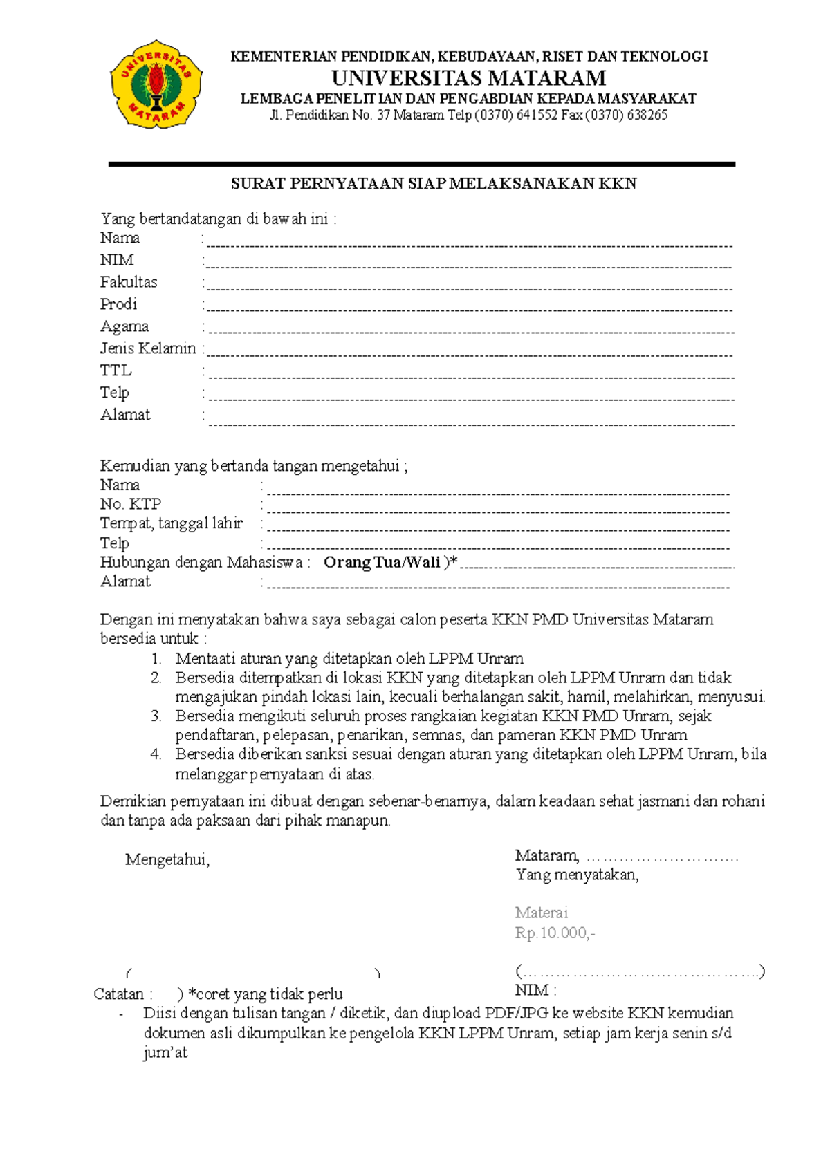 Surat pernyataan calon peserta KKN-PMD-Unram 2023 OK - KEMENTERIAN ...