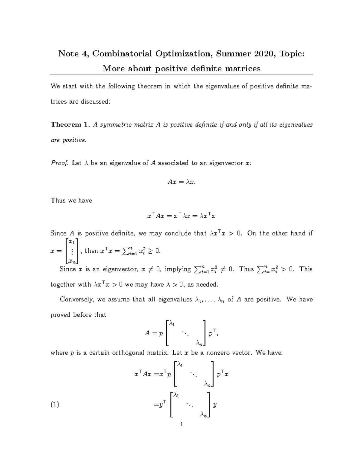 Note9 - More about positive definite matrices - Note 4, Combinatorial ...