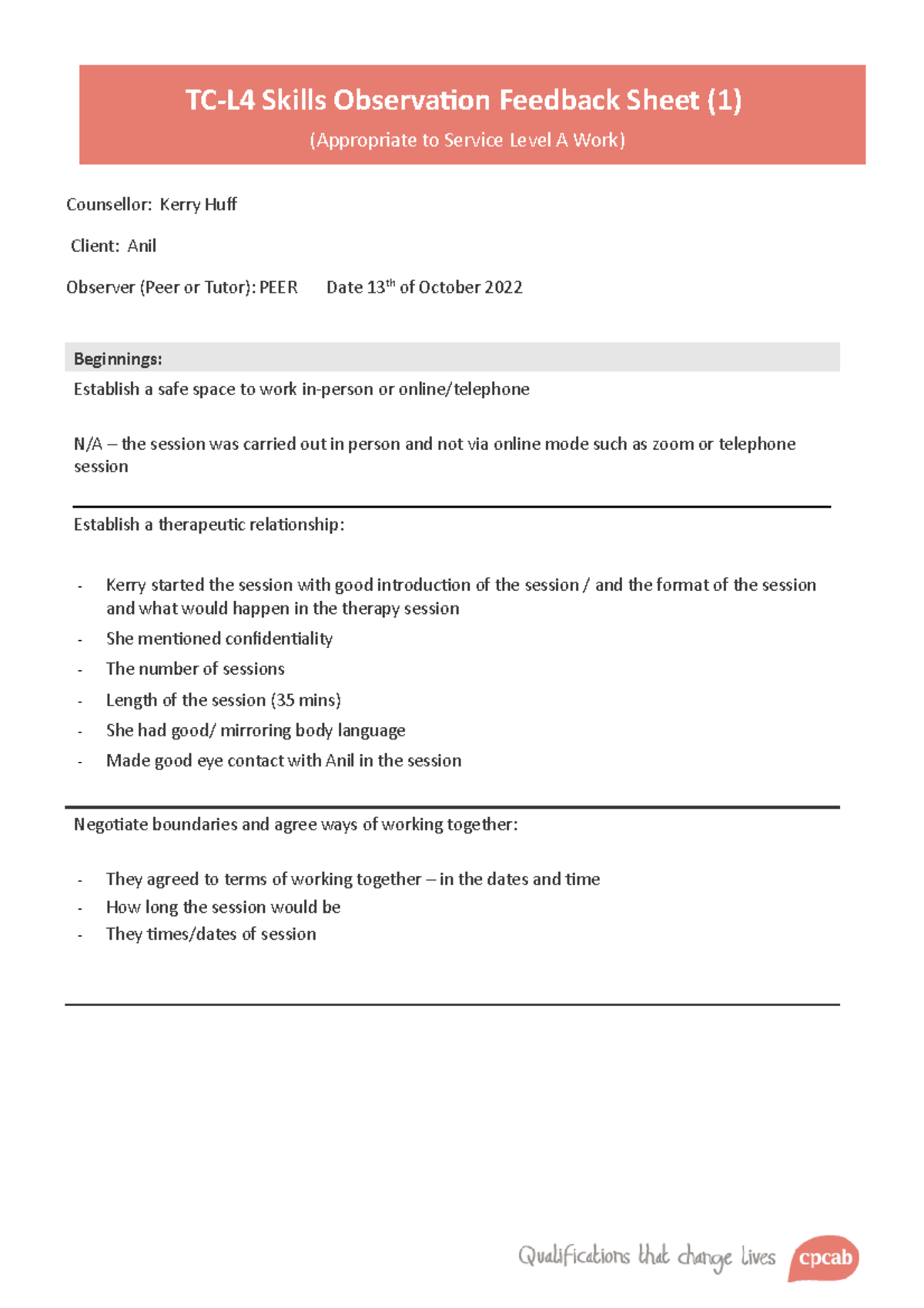TC-L4 Skills Observation Feedback Sheet (1) - Counsellor: Kerry Huff ...
