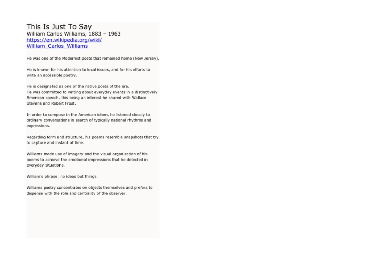 William Carlos Williams-This is Just to Say - Literatura Norteamericana ...