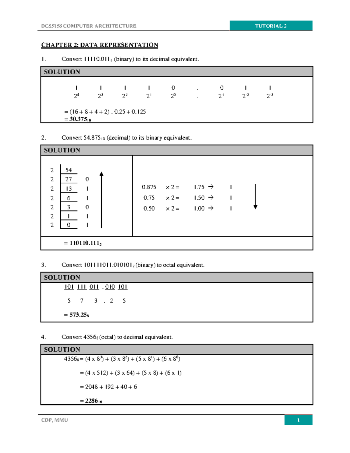 Tutorial 2 Sol Dcs5158 Computer Architecture Tutorial 2 Chapter 2 Data Representation 1