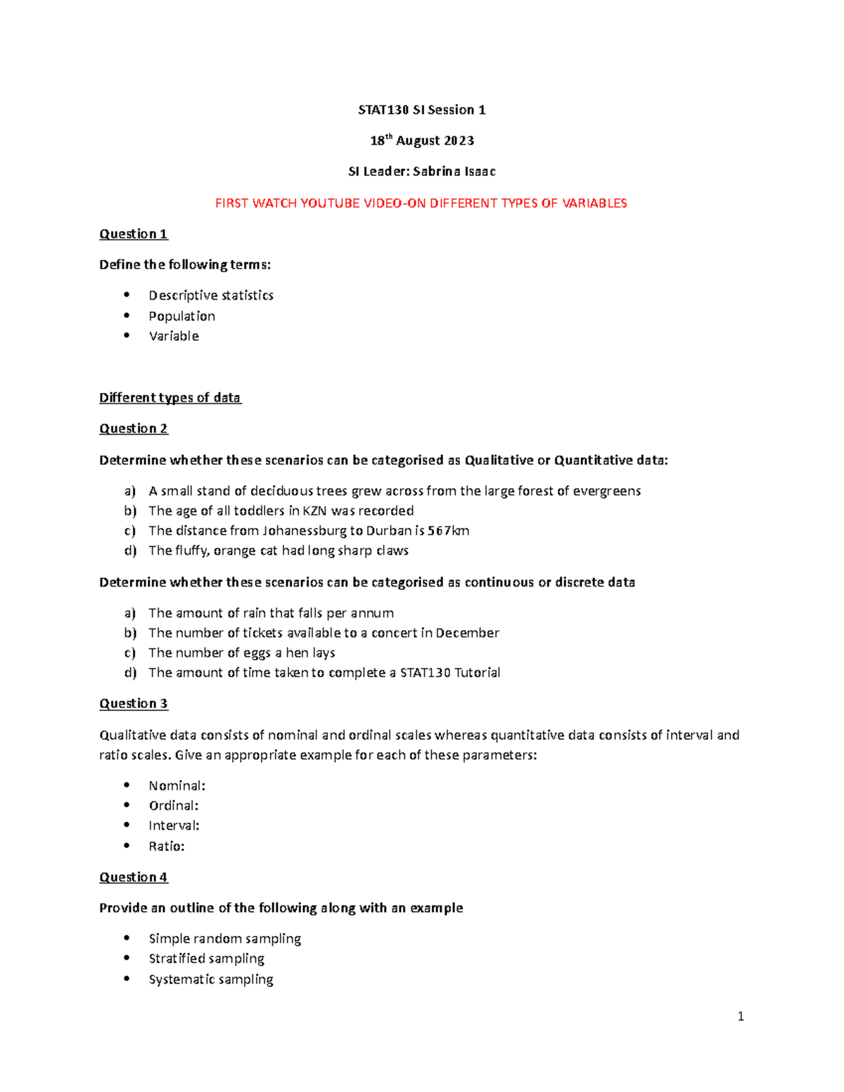 STAT130 SI Session 1 - Give an appropriate example for each of these parameters: Nominal: - Studocu